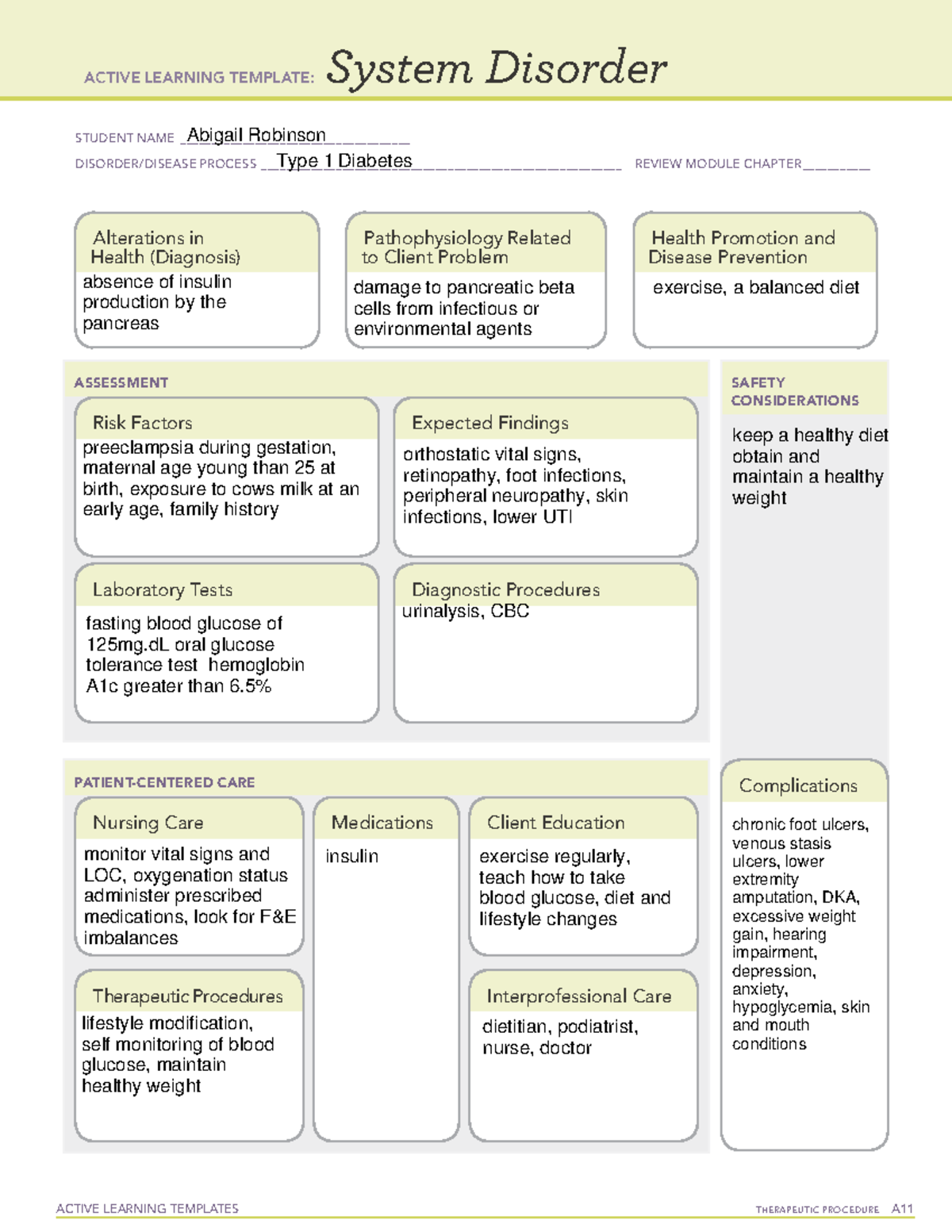 System disorder type 1 DM - ACTIVE LEARNING TEMPLATES THERAPEUTIC ...