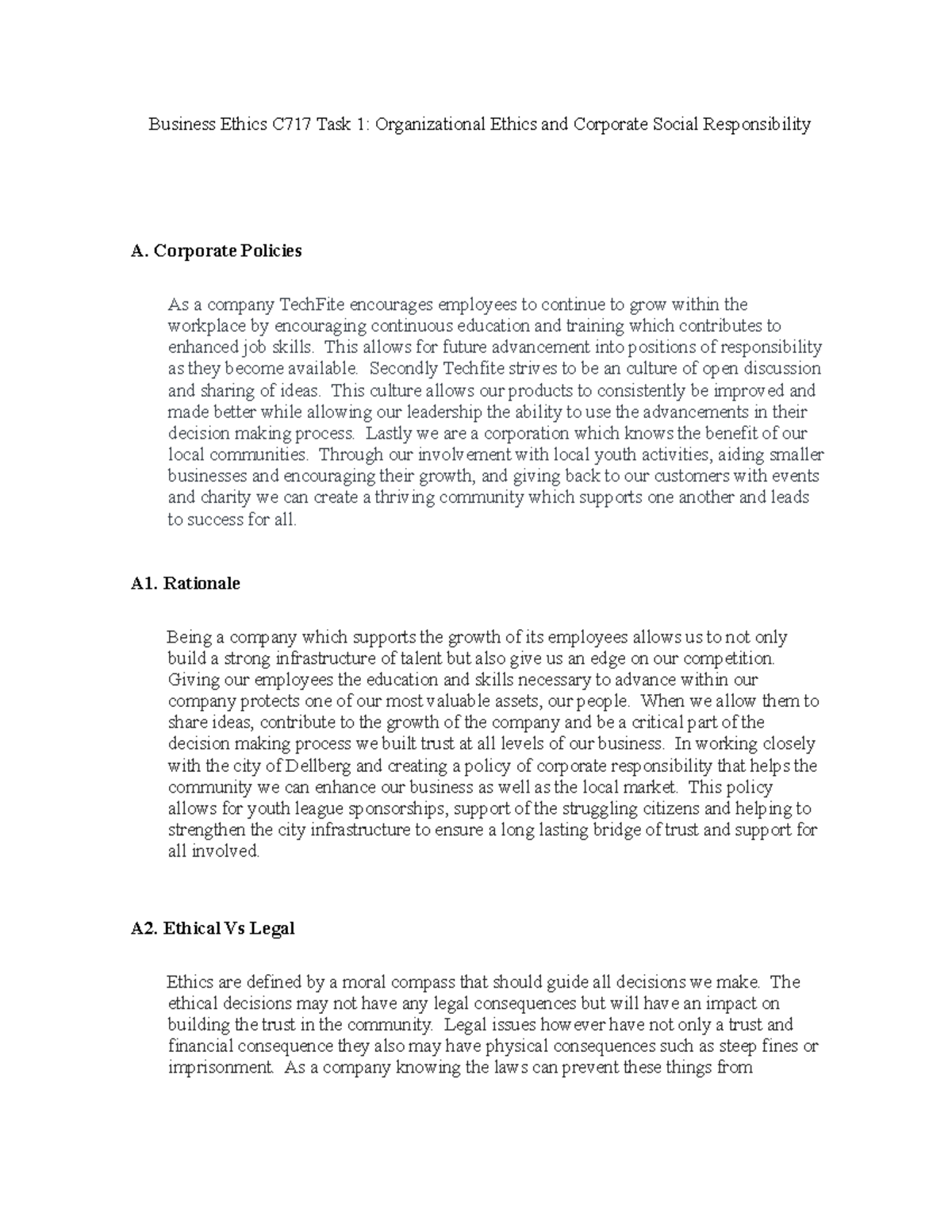 Business ethics task1 - Assignment completed and submitted for Western ...