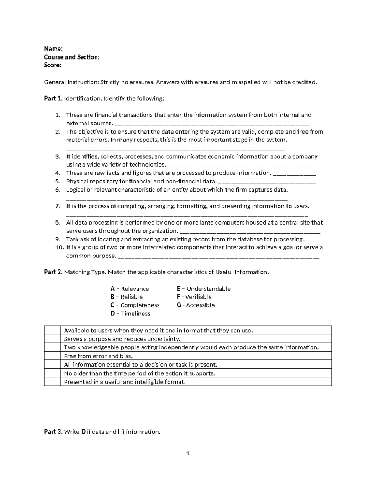AIS Exam - Name: Course and Section: Score: General Instruction ...