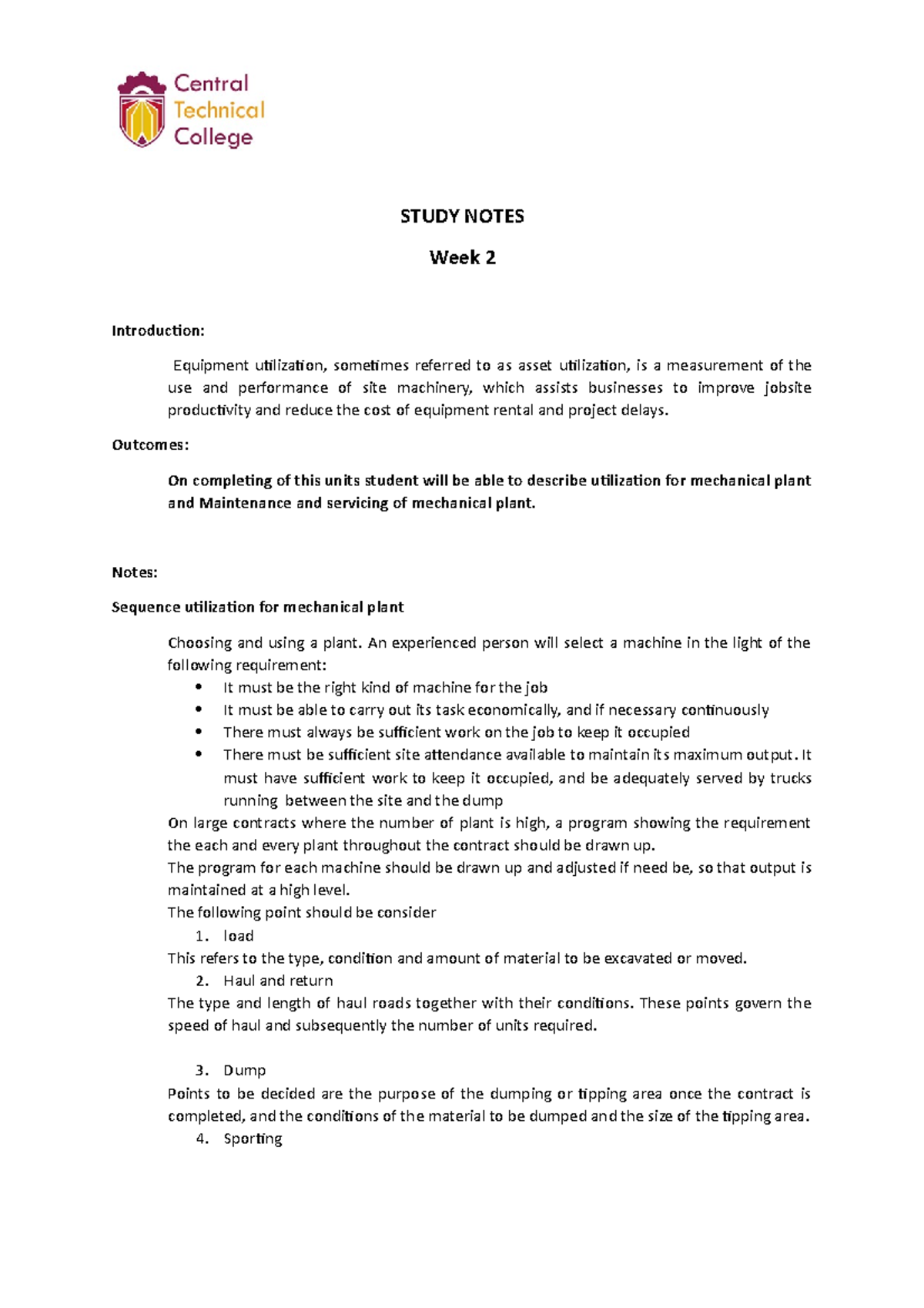Sequence utilization for mechanical plant - STUDY NOTES Week 2 ...