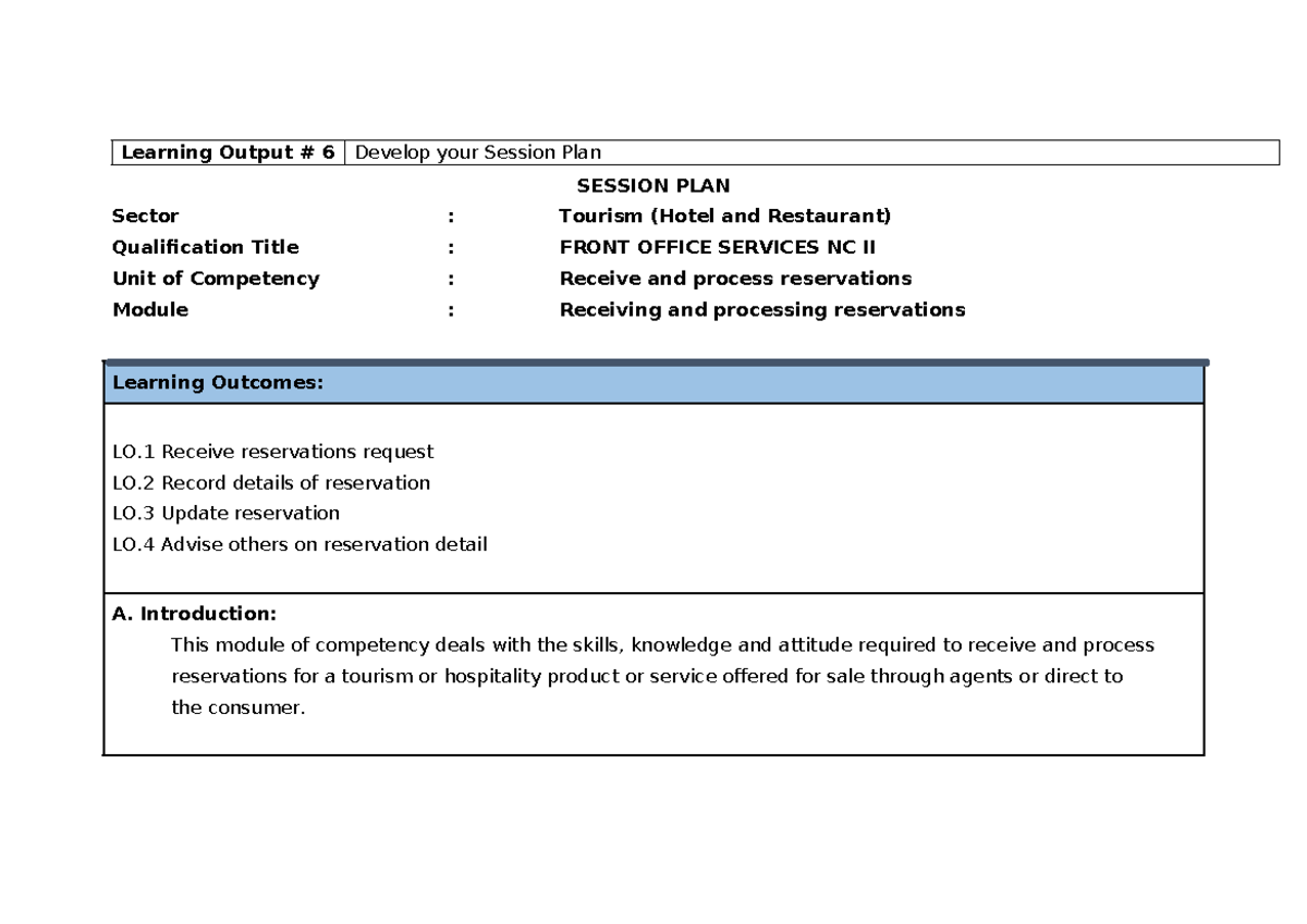 Session PLAN - TM! SESSIOM - Learning Output # 6 Develop your Session ...