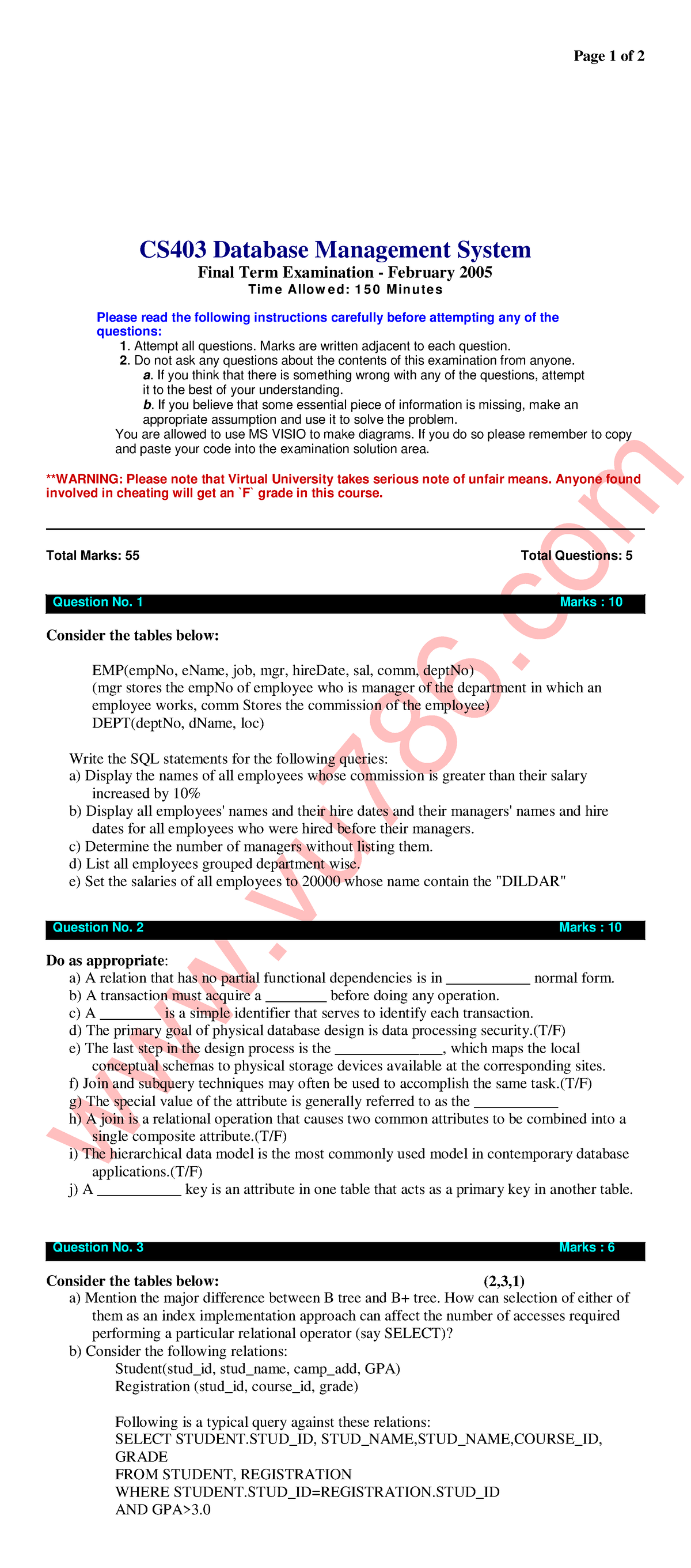 Cs403 Final Term 4 Sss Vu786 Page 1 Of 2 Cs403 Database