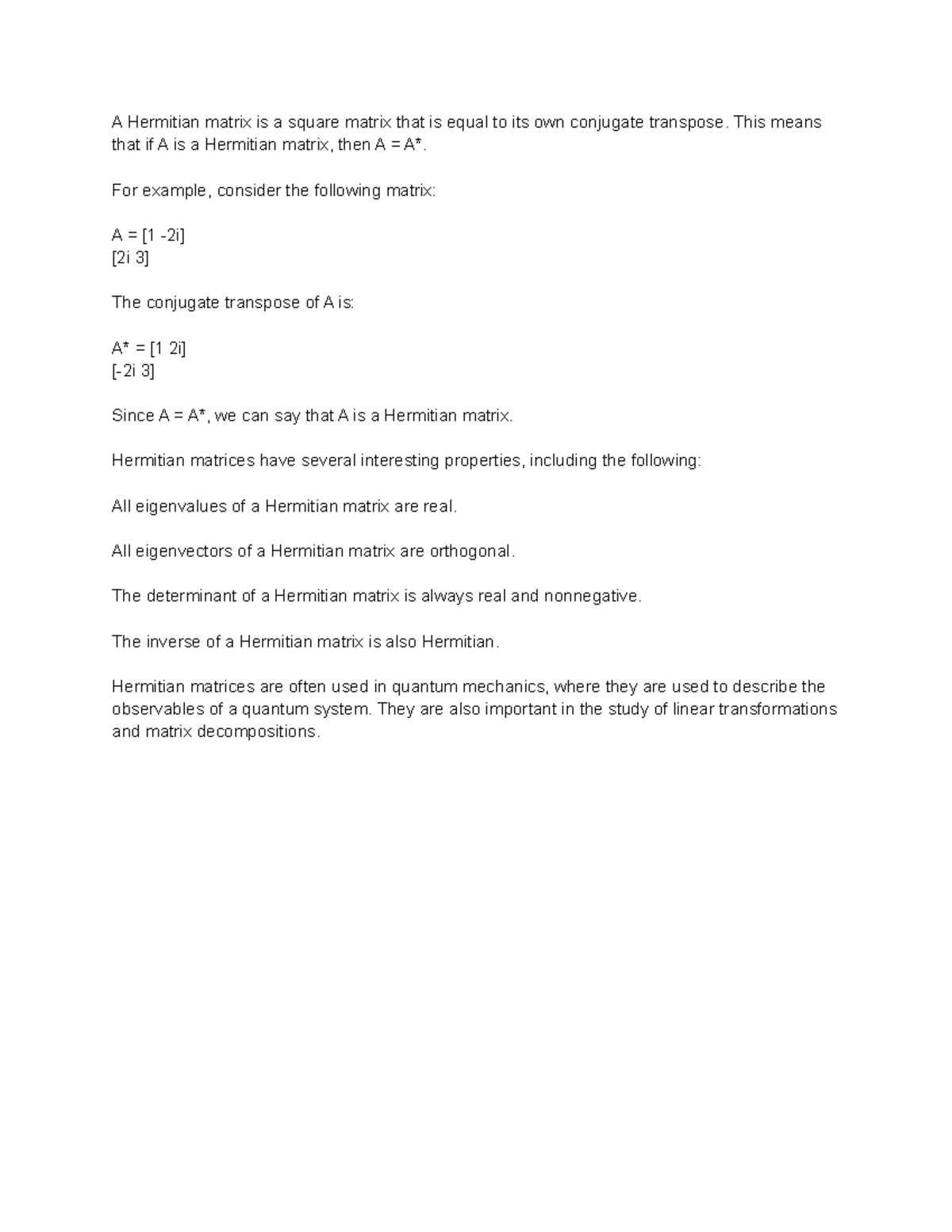 Hermitian Lecture Notes From Evening Class A Hermitian Matrix Is A Square Matrix That Is