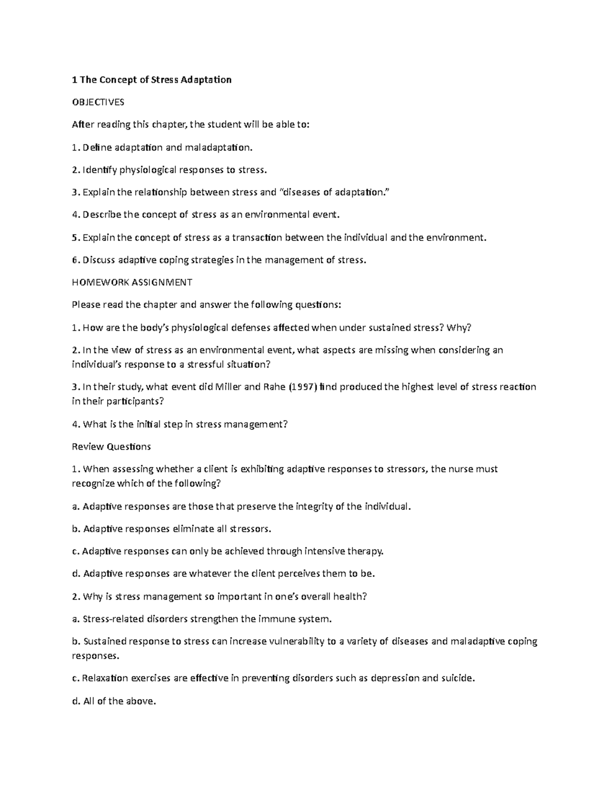 Week 1 review questions - 1 The Concept of Stress Adaptation OBJECTIVES ...
