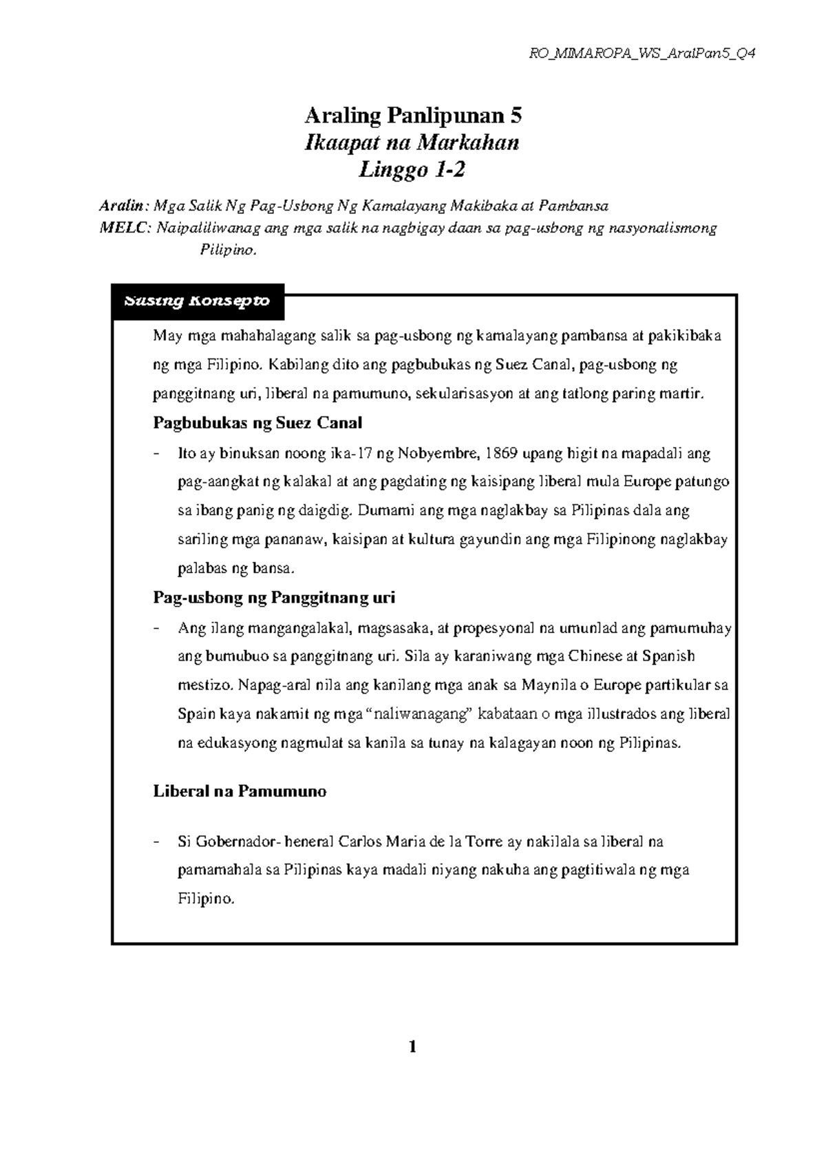 AP5WS Q4 WEEK1-2 - Susing Konsepto May mga mahahalagang salik sa pag-usbong ng kamalayang ...