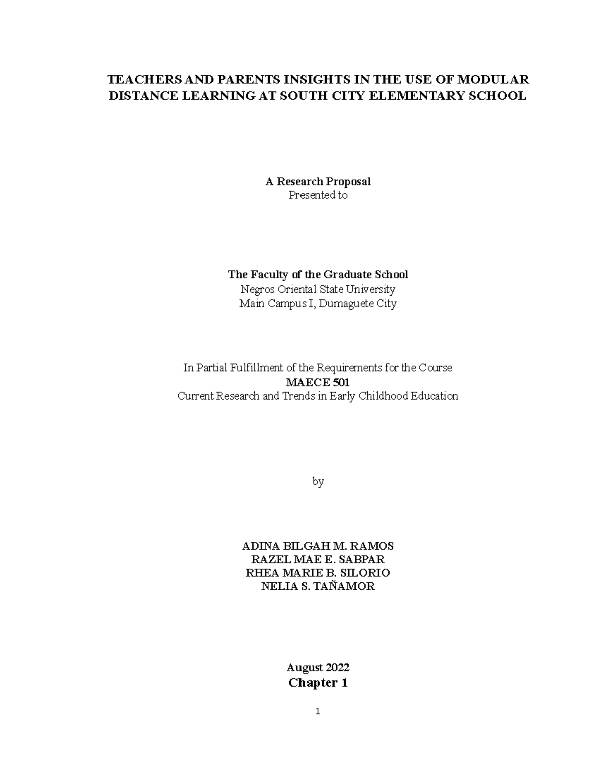 Maece 2-Research Proposal-2022 - TEACHERS AND PARENTS INSIGHTS IN THE ...