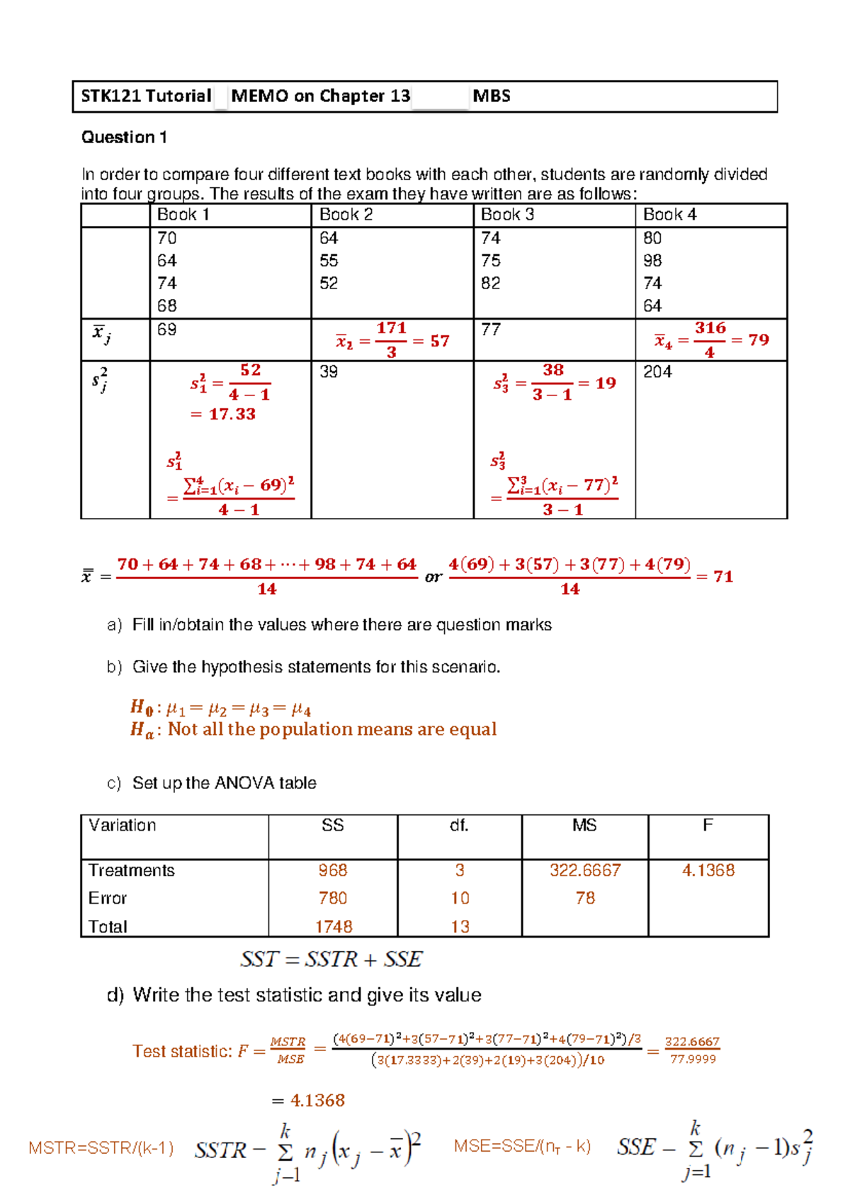 STK121 Tutorial 8 MEMO (2024) MBS - STK121 Tutorial 9 MEMO on Chapter 13 (202 2 ) MBS Question 1 ...