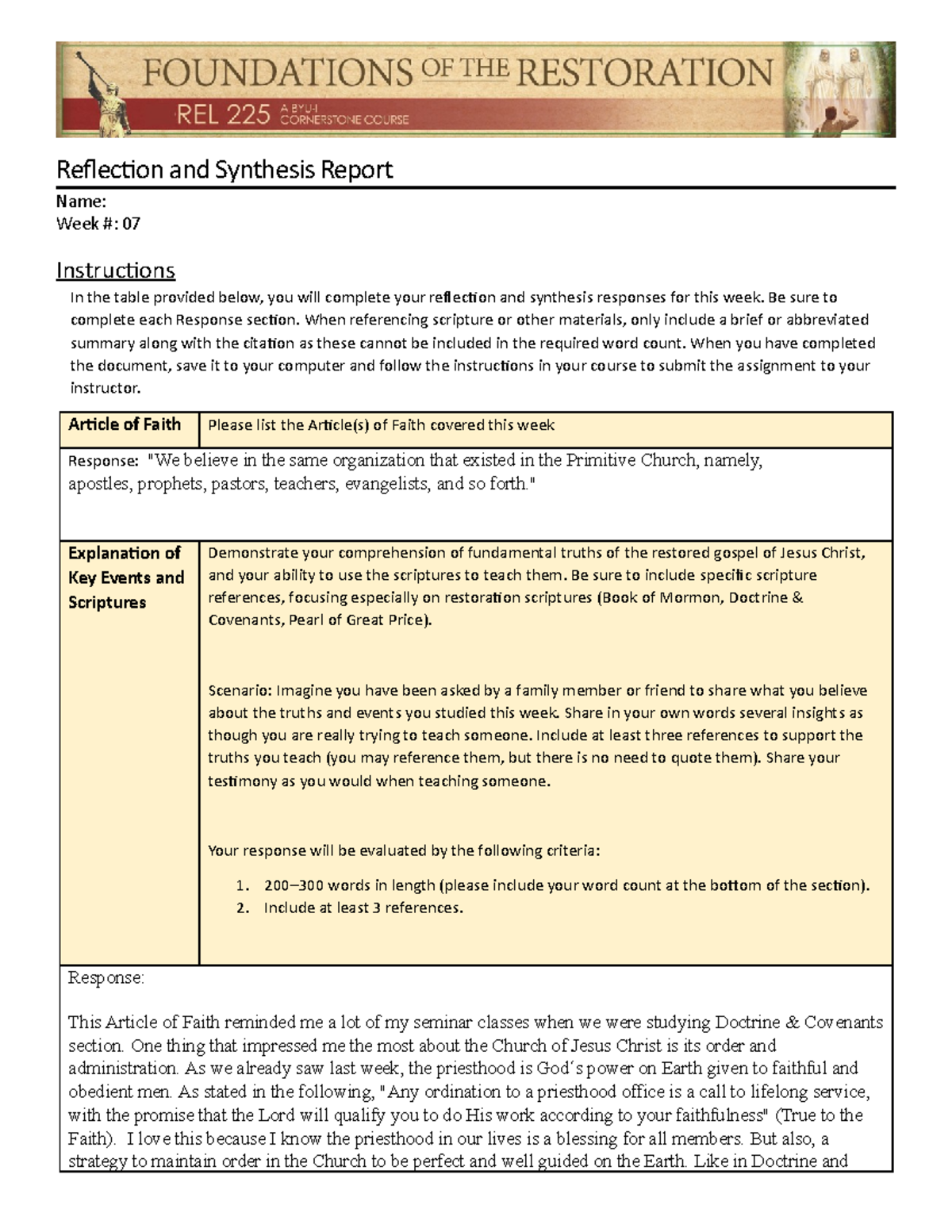 Week 07. Reflection - Reflection and Synthesis Report Name: Week #: 07 Instructions In the table ...