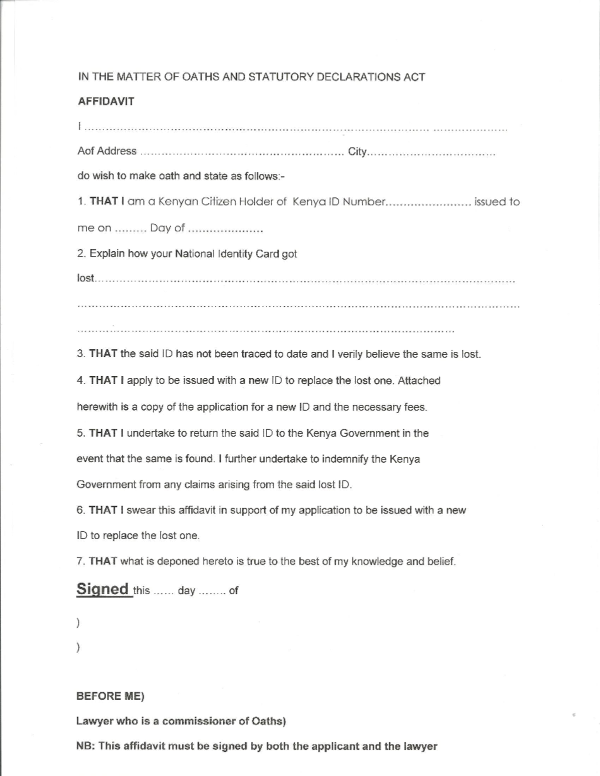 Declaration for Lost ID - IN THE MATTER OF OATHS AND STATUTORY ...