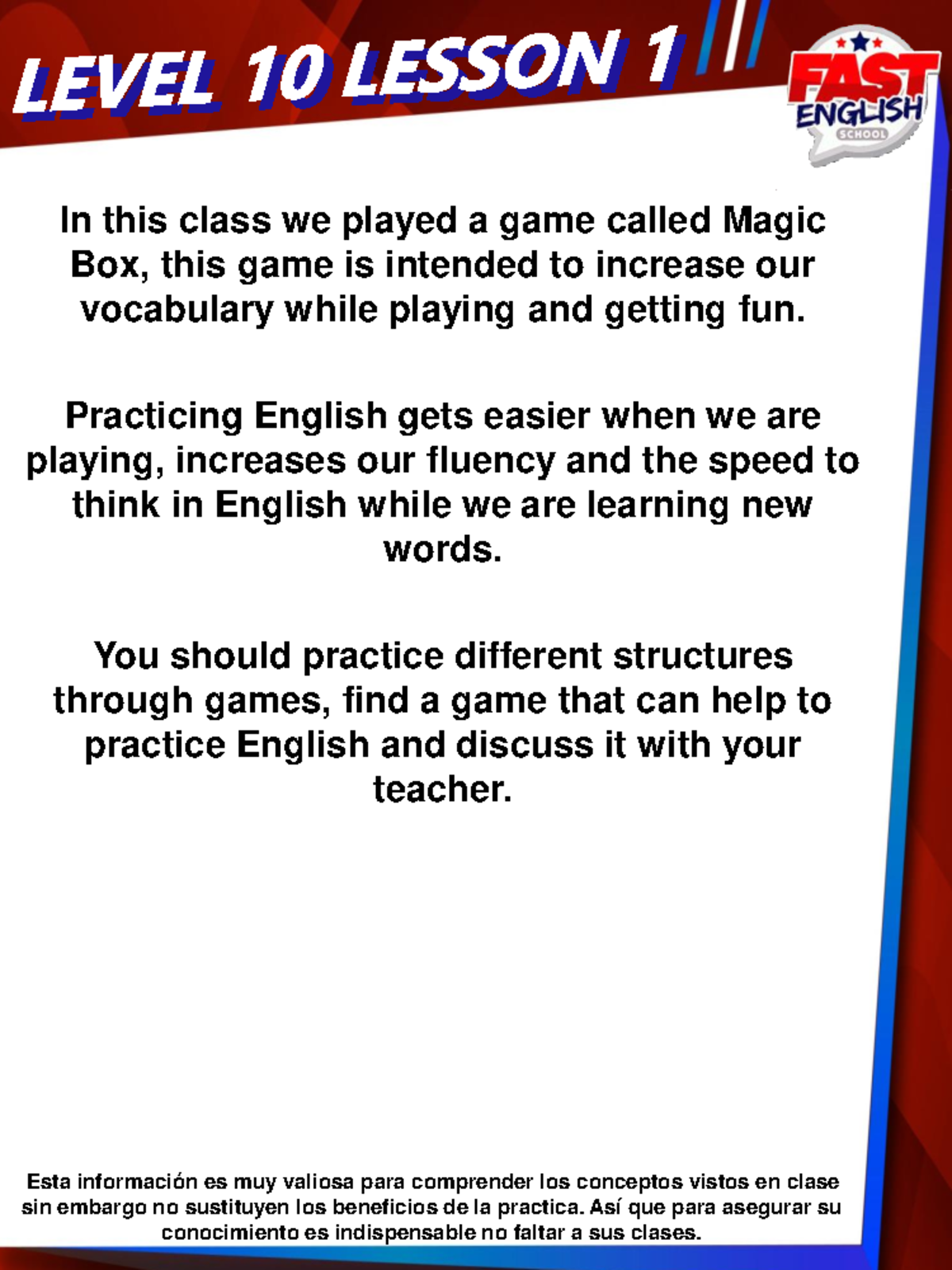Semana 1 - In this class we played a game called Magic Box, this game ...