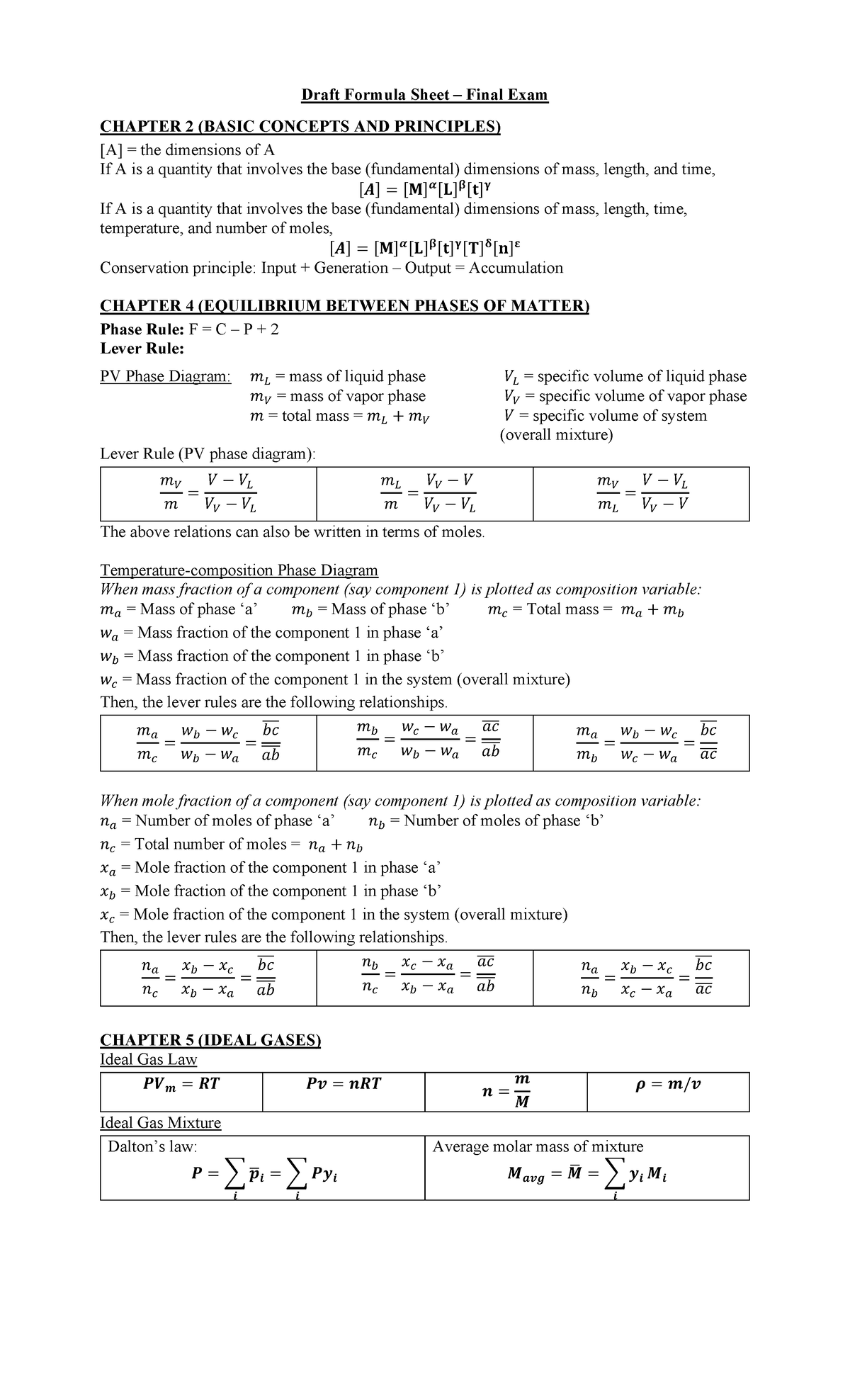Draft Formula Sheet – Final Exam - Temperature-composition Phase ...