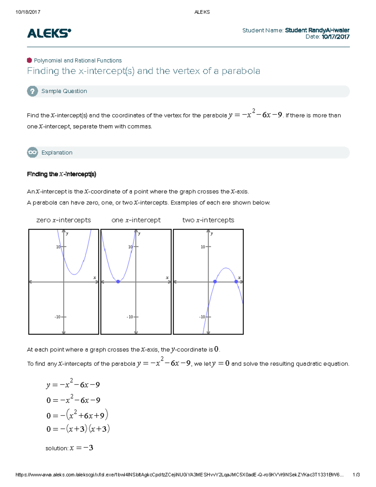 Finding the x-intercept(s) and the vertex of a parabola - 10/18/2017 ...