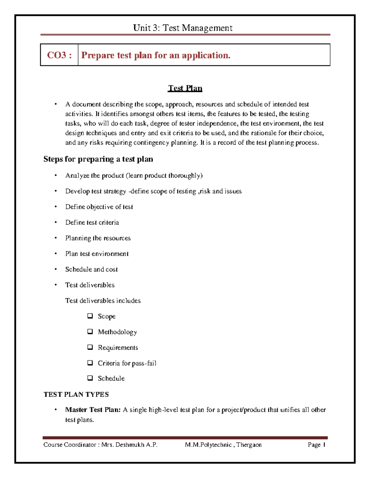 Unit 3 test management - Course Coordinator : Mrs. Deshmukh A. M.M ...