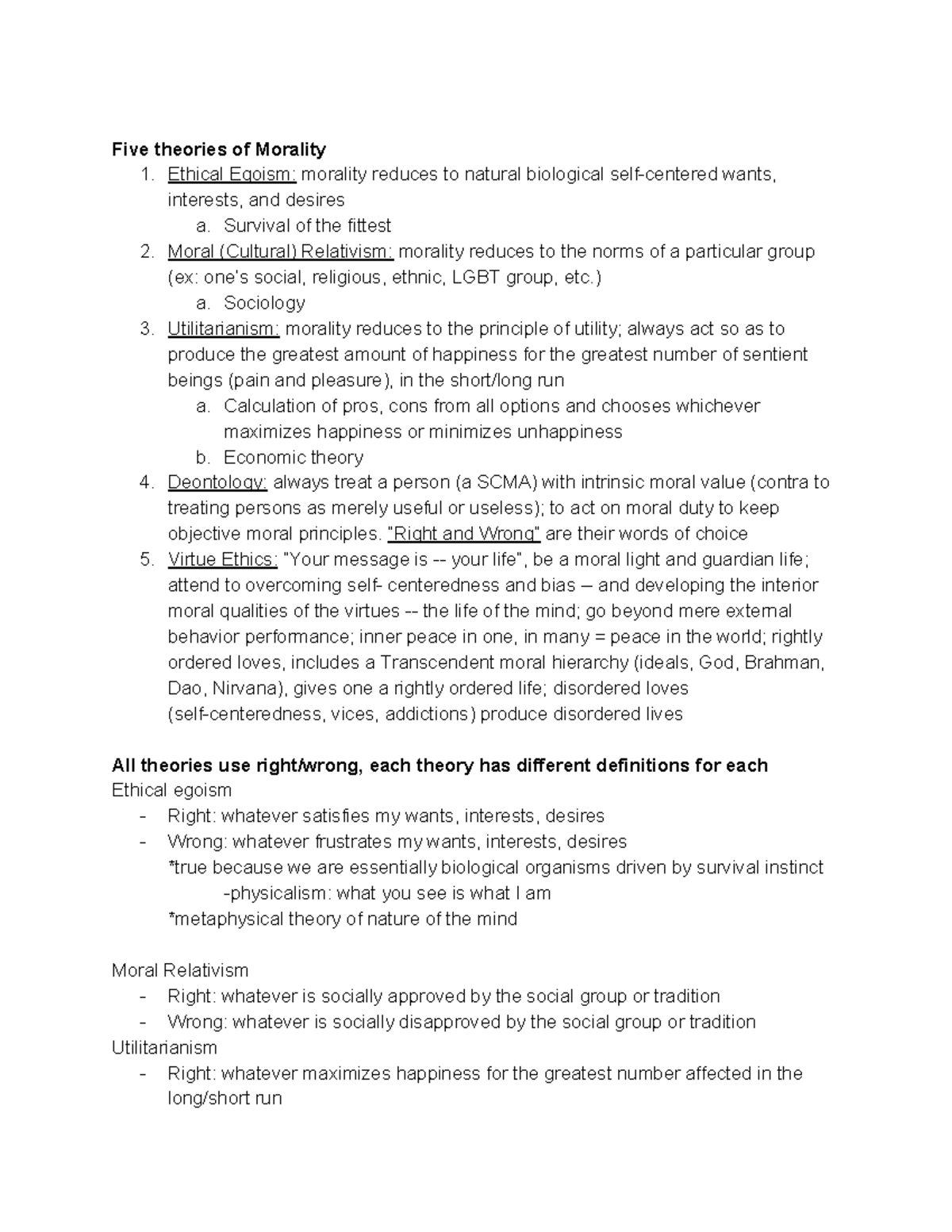 Intro to Ethics Notes - Five theories of Morality 1. Ethical morality ...