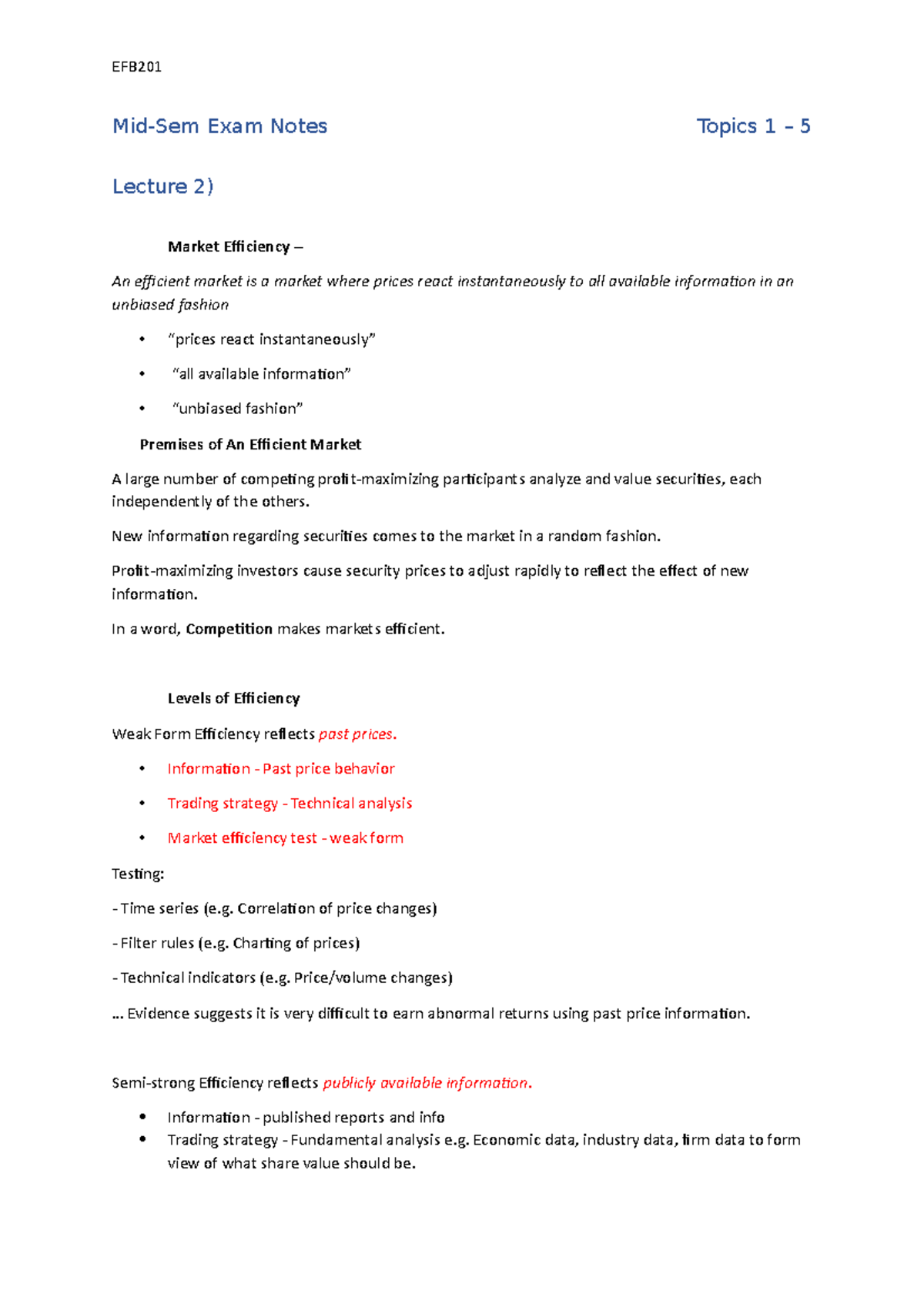 EFB201 Mid Sem Exam Notes - Mid-Sem Exam Notes Topics 1 – 5 Lecture 2 ...