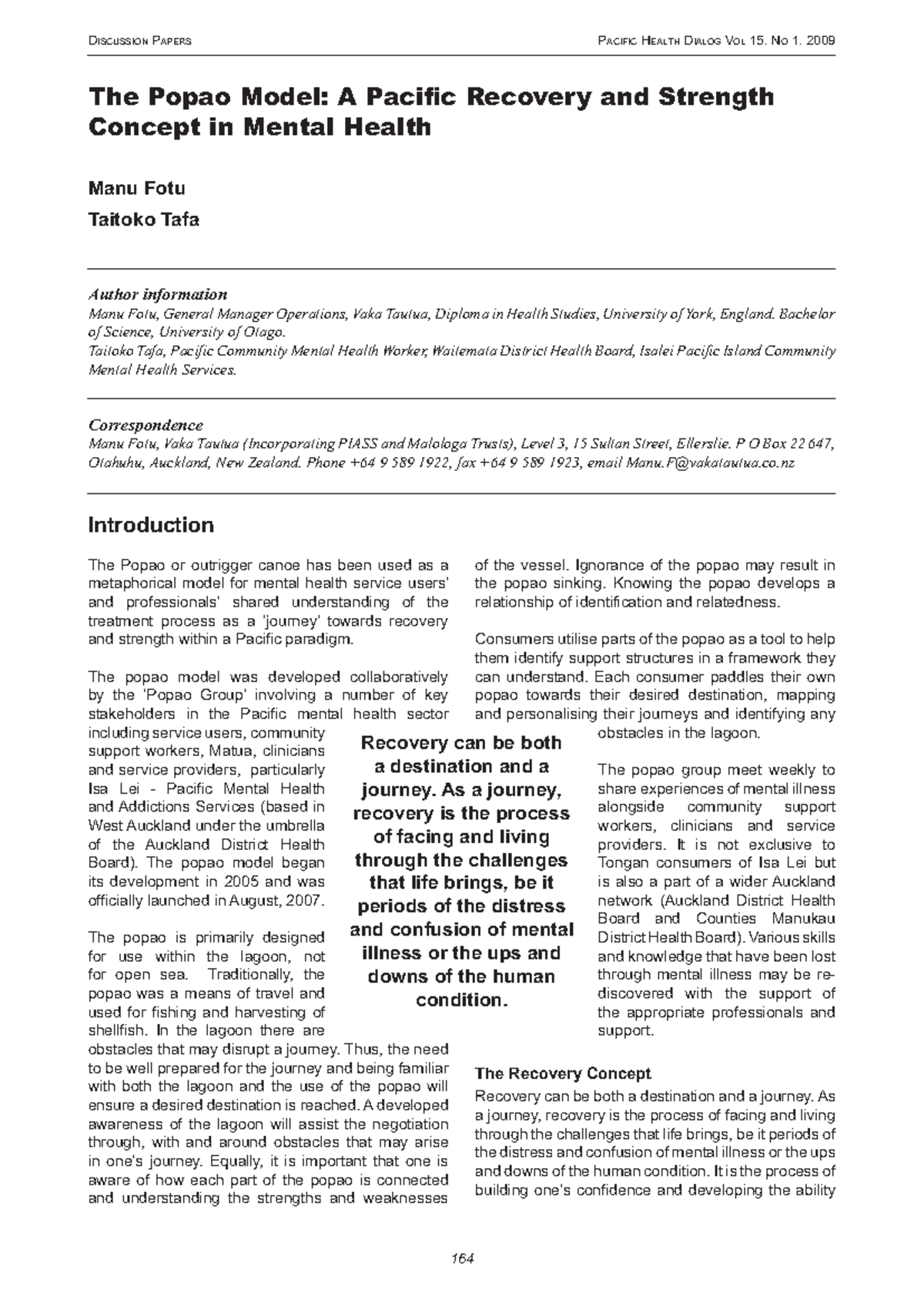 The Popao Model A Pacific recovery and strength concept in mental ...