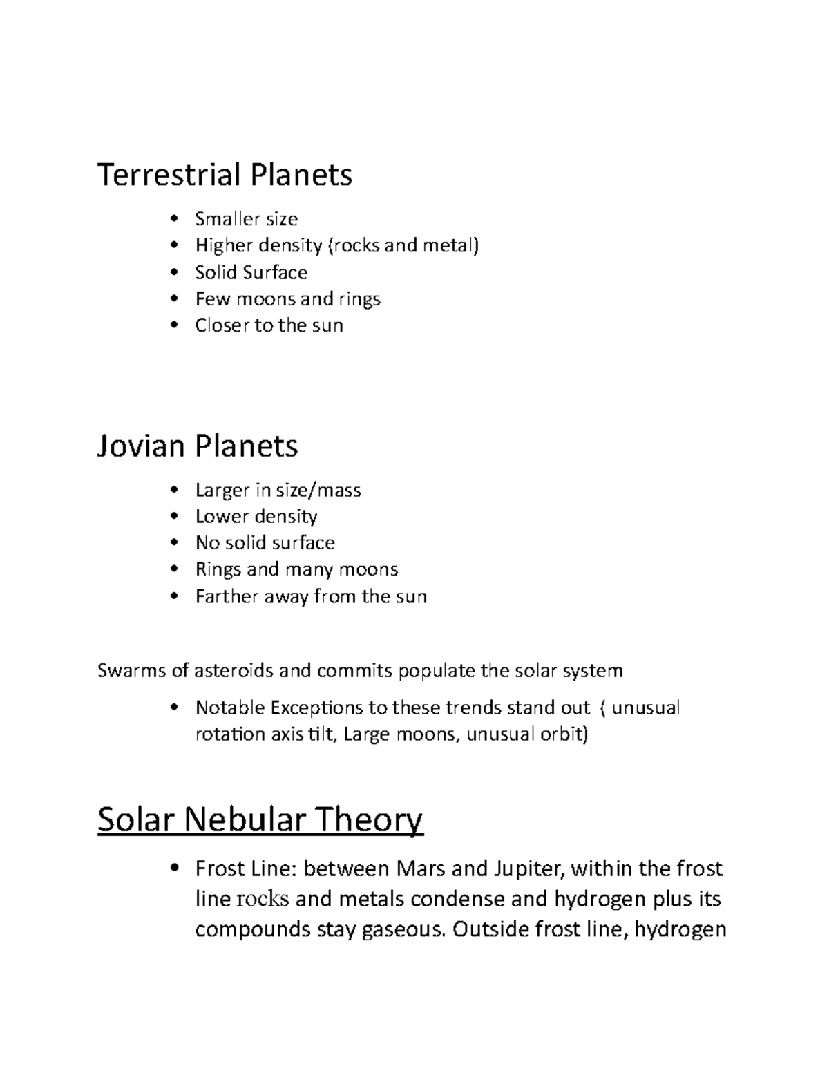 Solar system structure - Terrestrial Planets Smaller size Higher ...