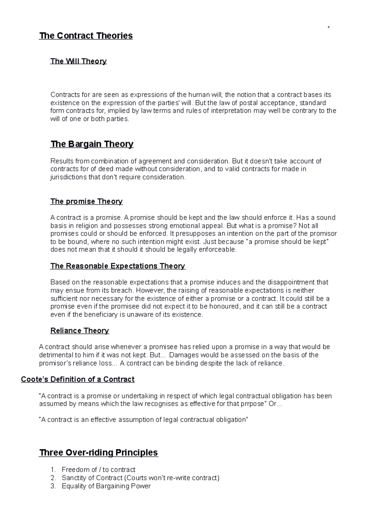 Contract Lecture Notes - The Contract Theories The Will Theory ...