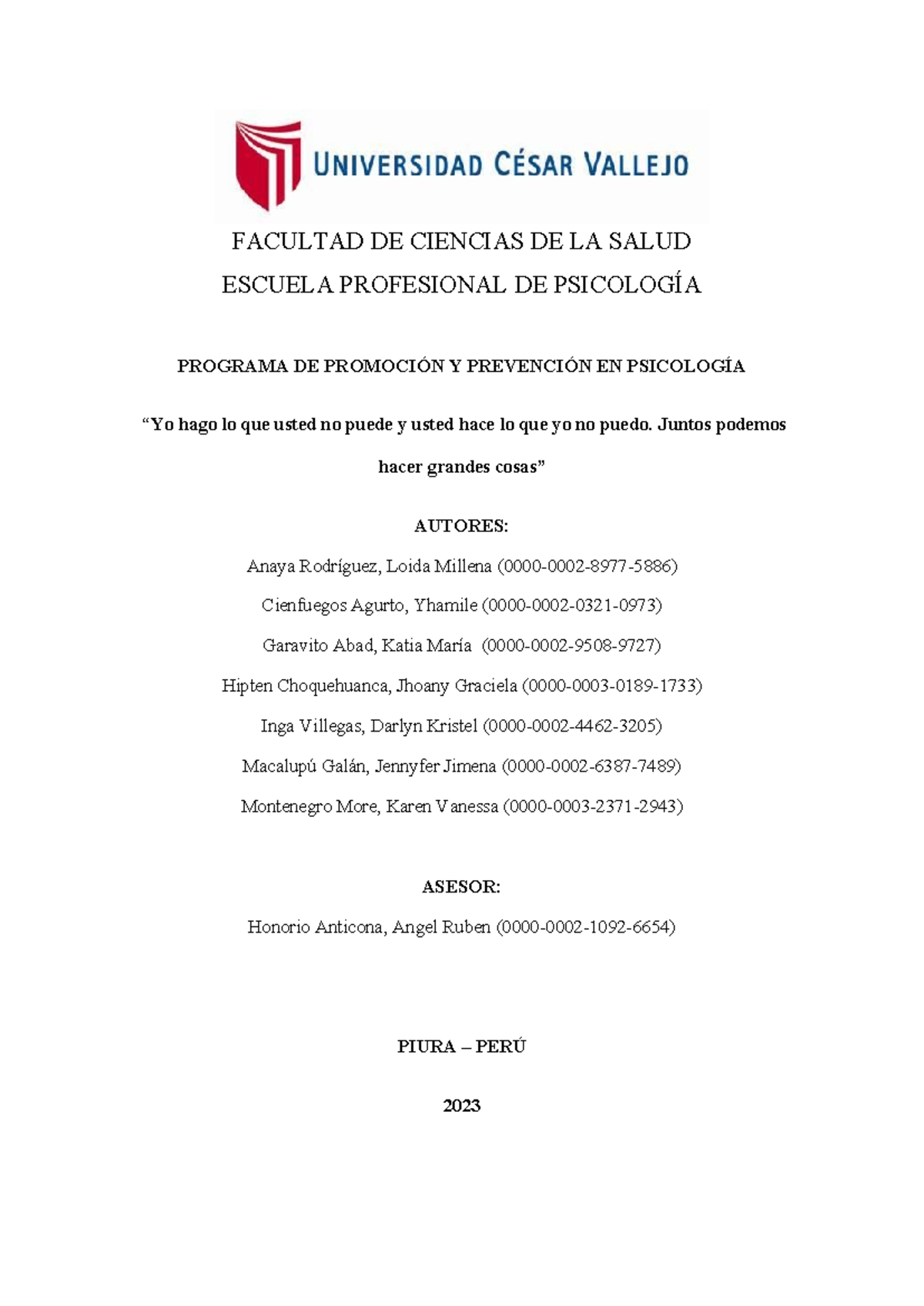 Esquema Propuesta DE Programa Grupo 6 - FACULTAD DE CIENCIAS DE LA SALUD ESCUELA PROFESIONAL DE ...