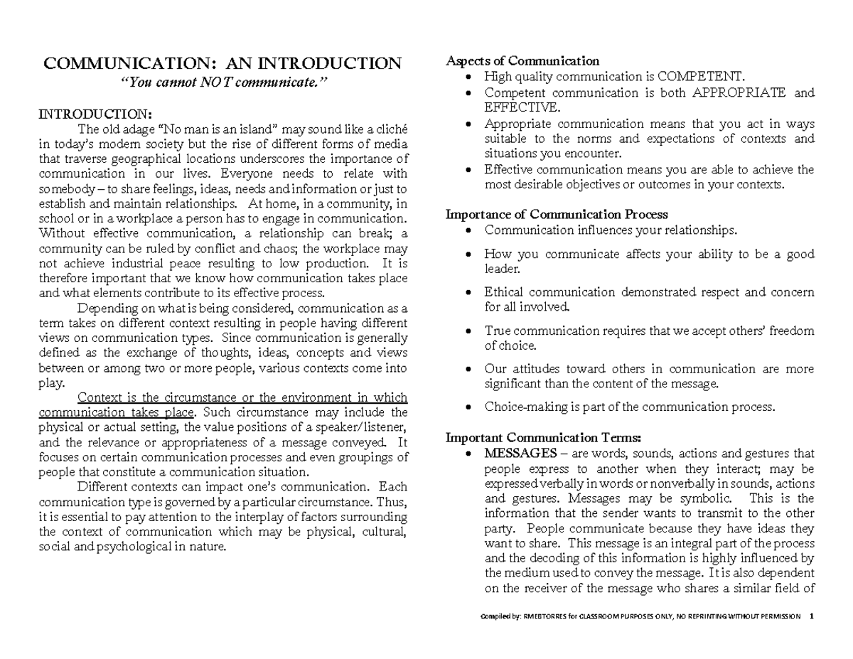 Handout 1 - Communication Introduction - COMMUNICATION: AN INTRODUCTION