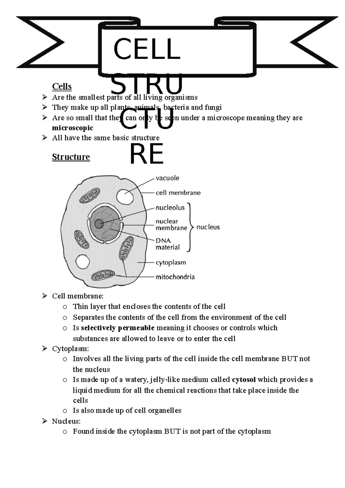 Grade 9 NS cell structure notes - Cells Are the smallest parts of all ...