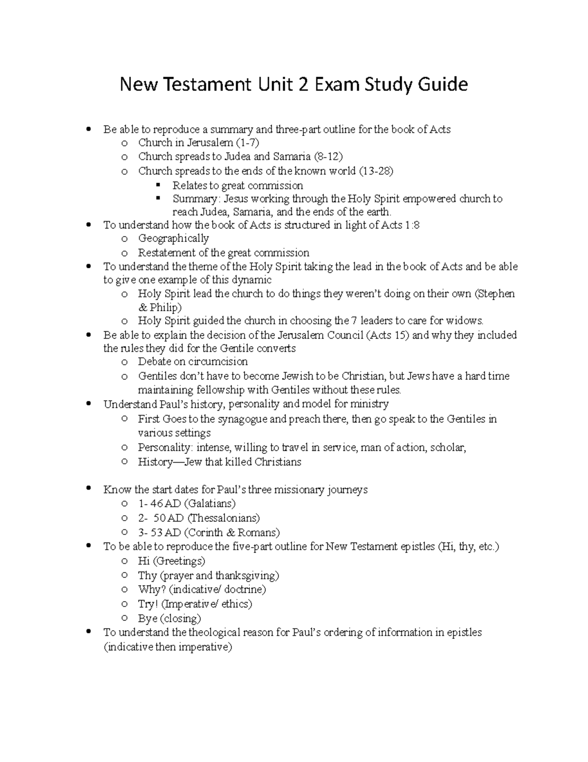 Exam 2 Study Guide - New Testament Unit 2 Exam Study Guide Be able to ...
