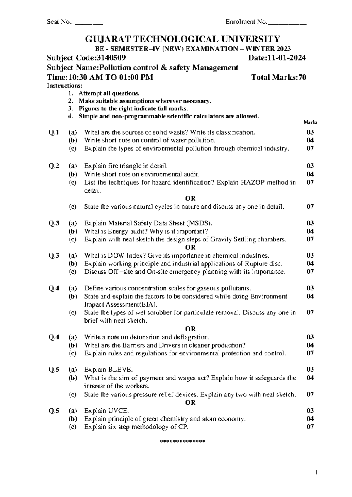 3140509 - paper - 1 Seat No.: ________ Enrolment No.___________ GUJARAT ...