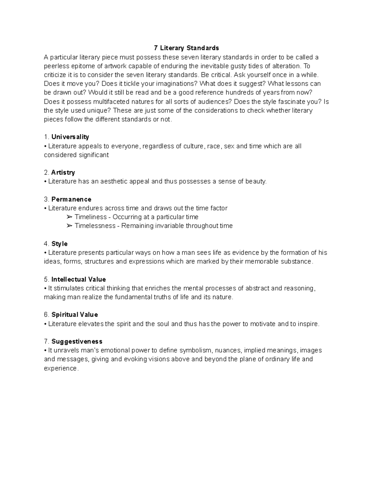 Literature - 7 Literary Standards A particular literary piece must ...