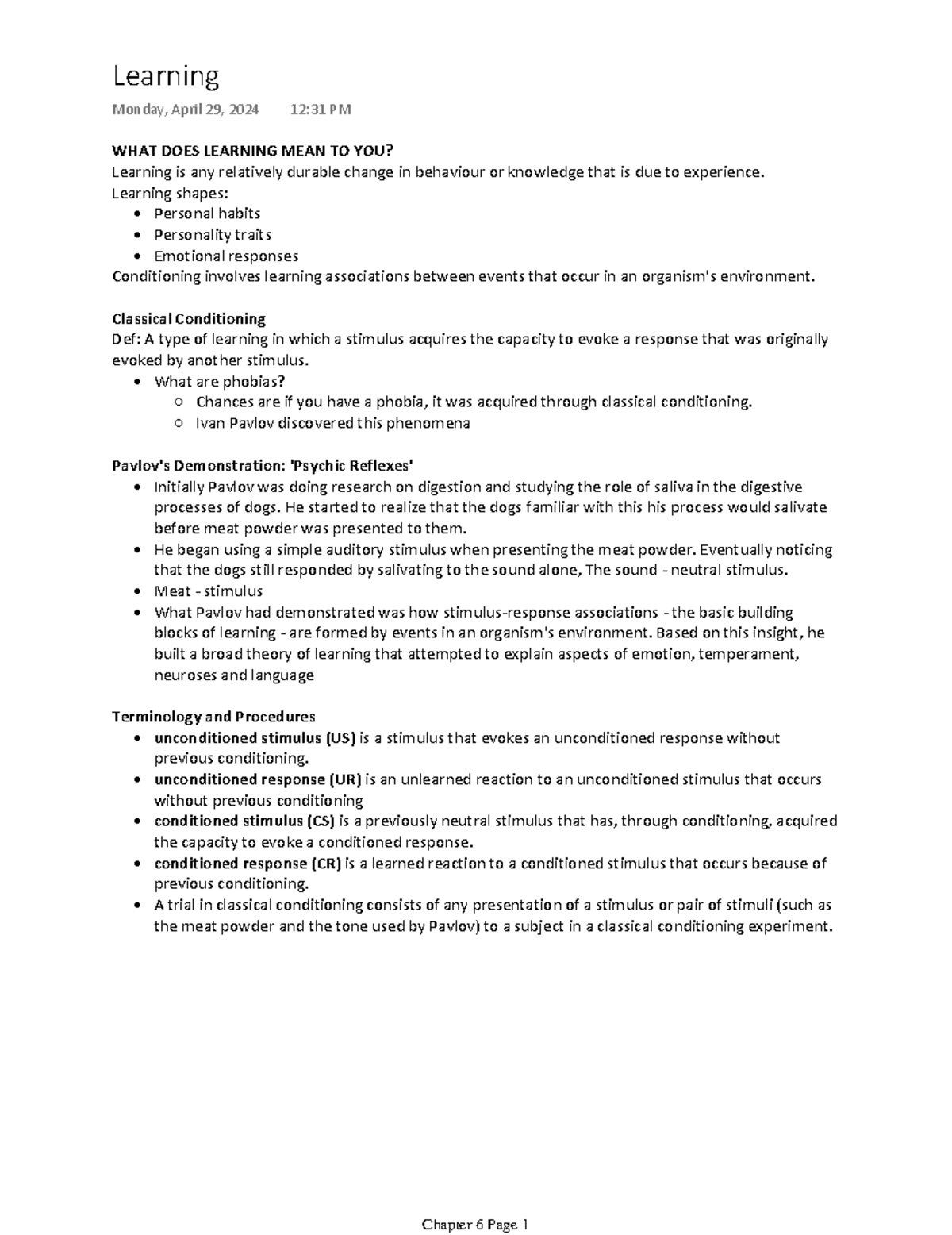 Learning - Chapter 6 - WHAT DOES LEARNING MEAN TO YOU? Learning is any ...