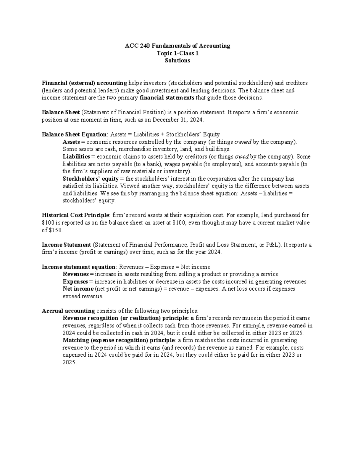 Topic 1-Class 1 Solutions - ACC 240 Fundamentals of Accounting Topic 1 ...