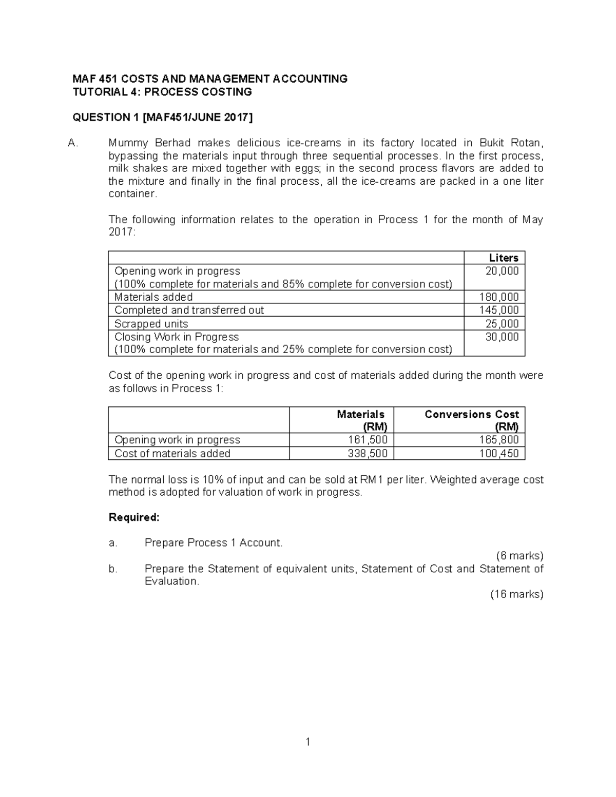 Process costing - NOTE - MAF 451 COSTS AND MANAGEMENT ACCOUNTING ...