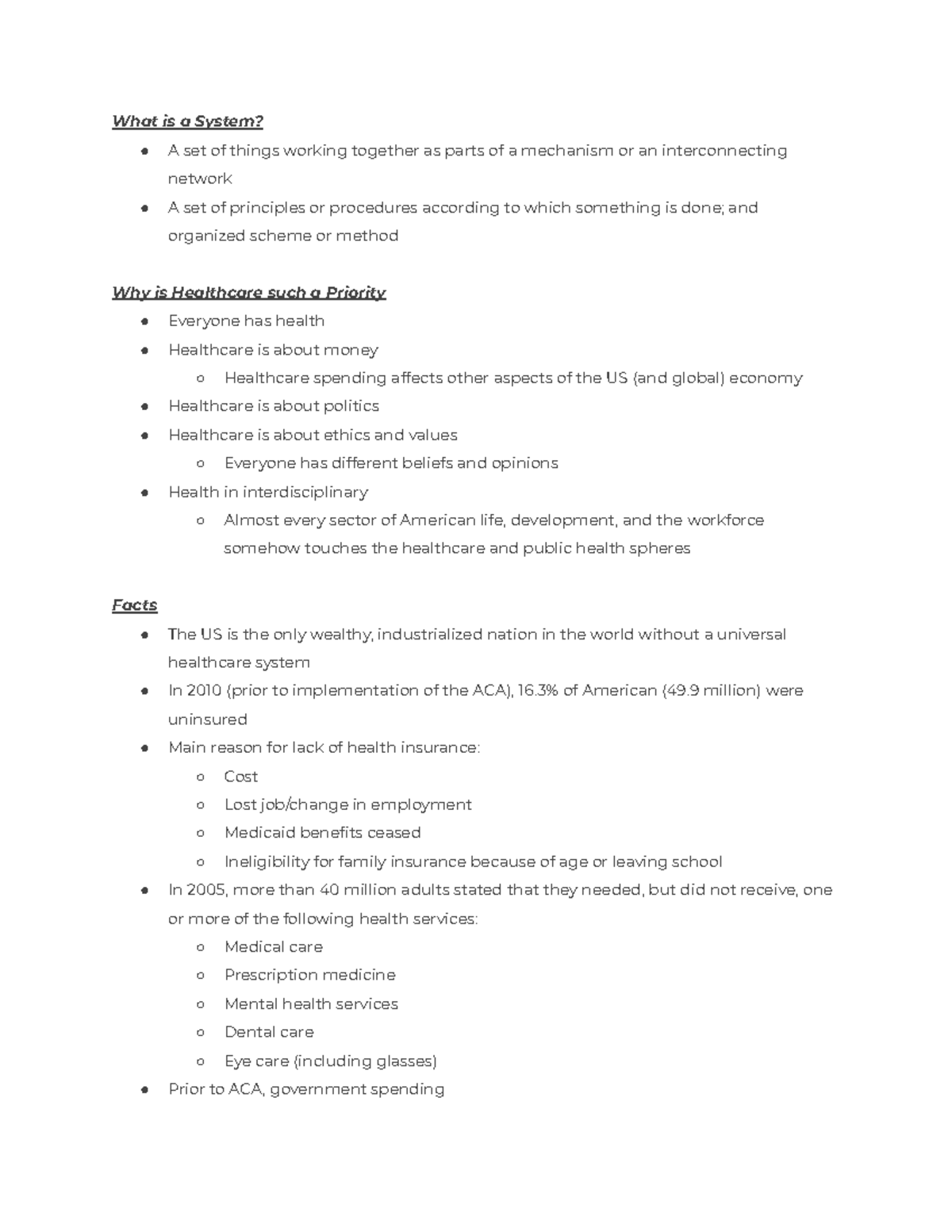 The American Healthcare System Lecture Notes - What is a System? A set ...