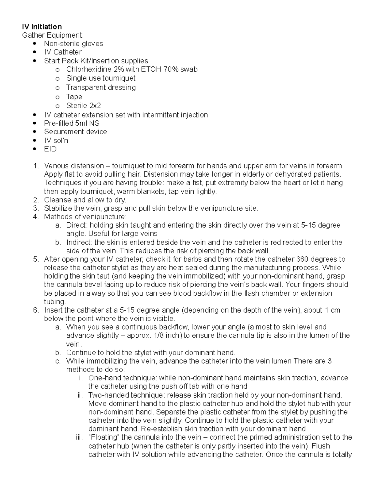 IV Initiation Notes - IV Initiation Gather Equipment: Non-sterile ...