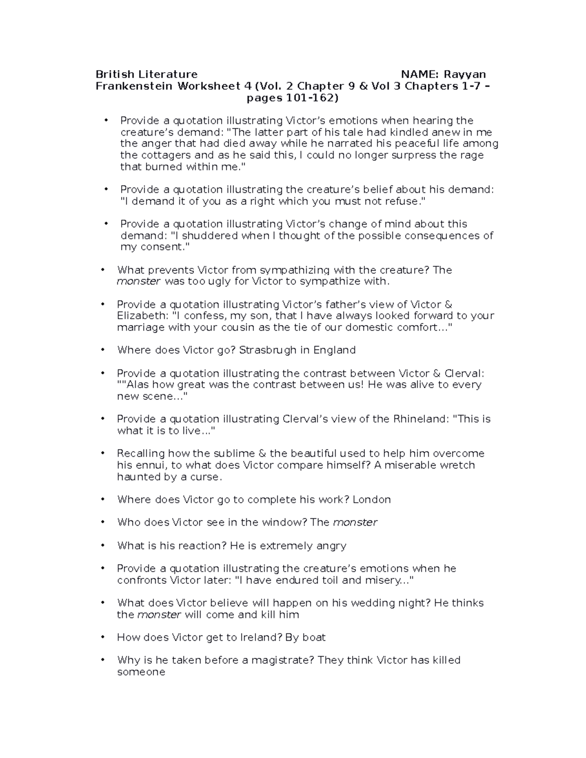 Frankenstein Worksheet 4 - British Literature NAME: Rayyan Frankenstein ...