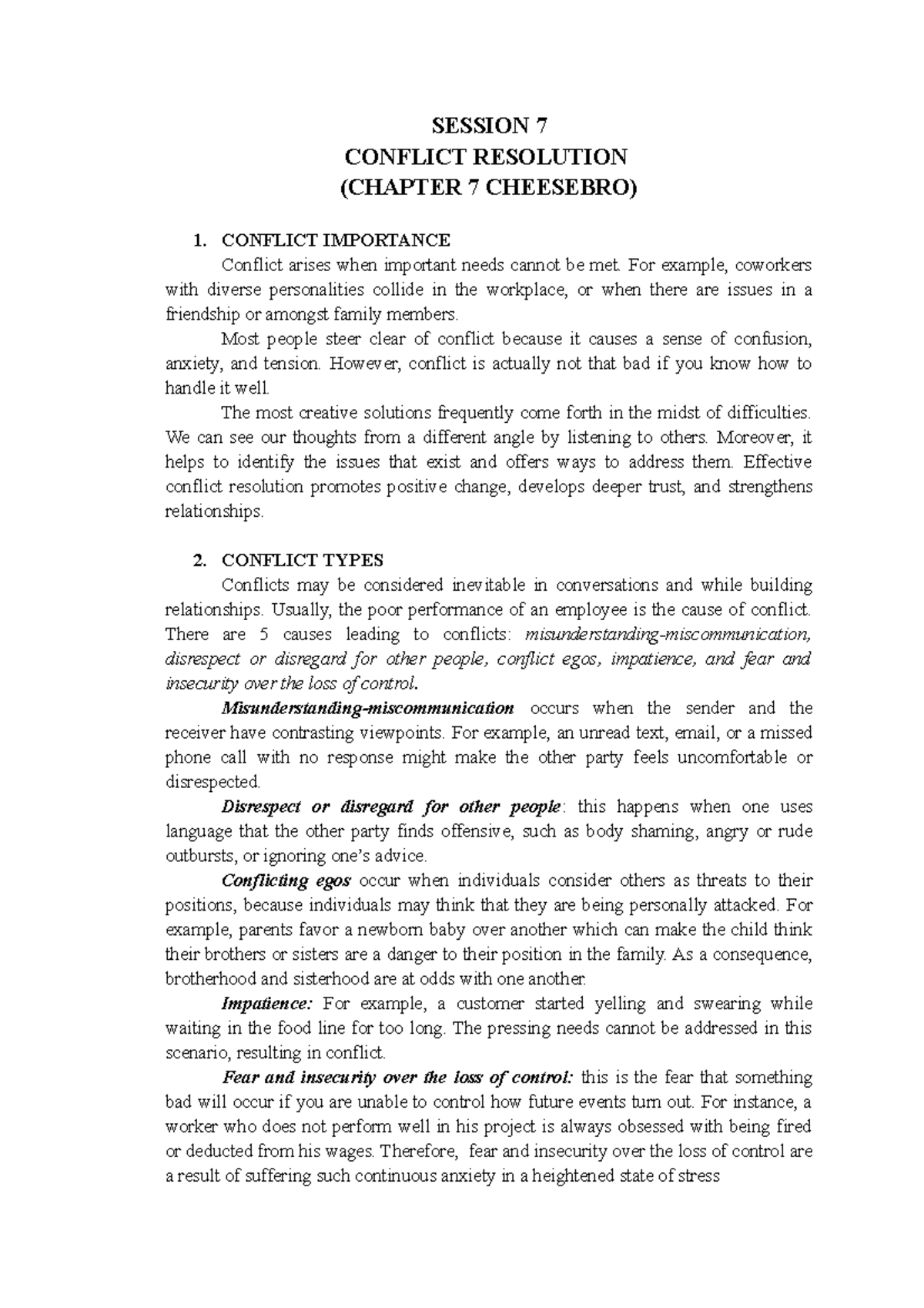 Written Report - Cheesebro chap 7 - SESSION 7 CONFLICT RESOLUTION ...