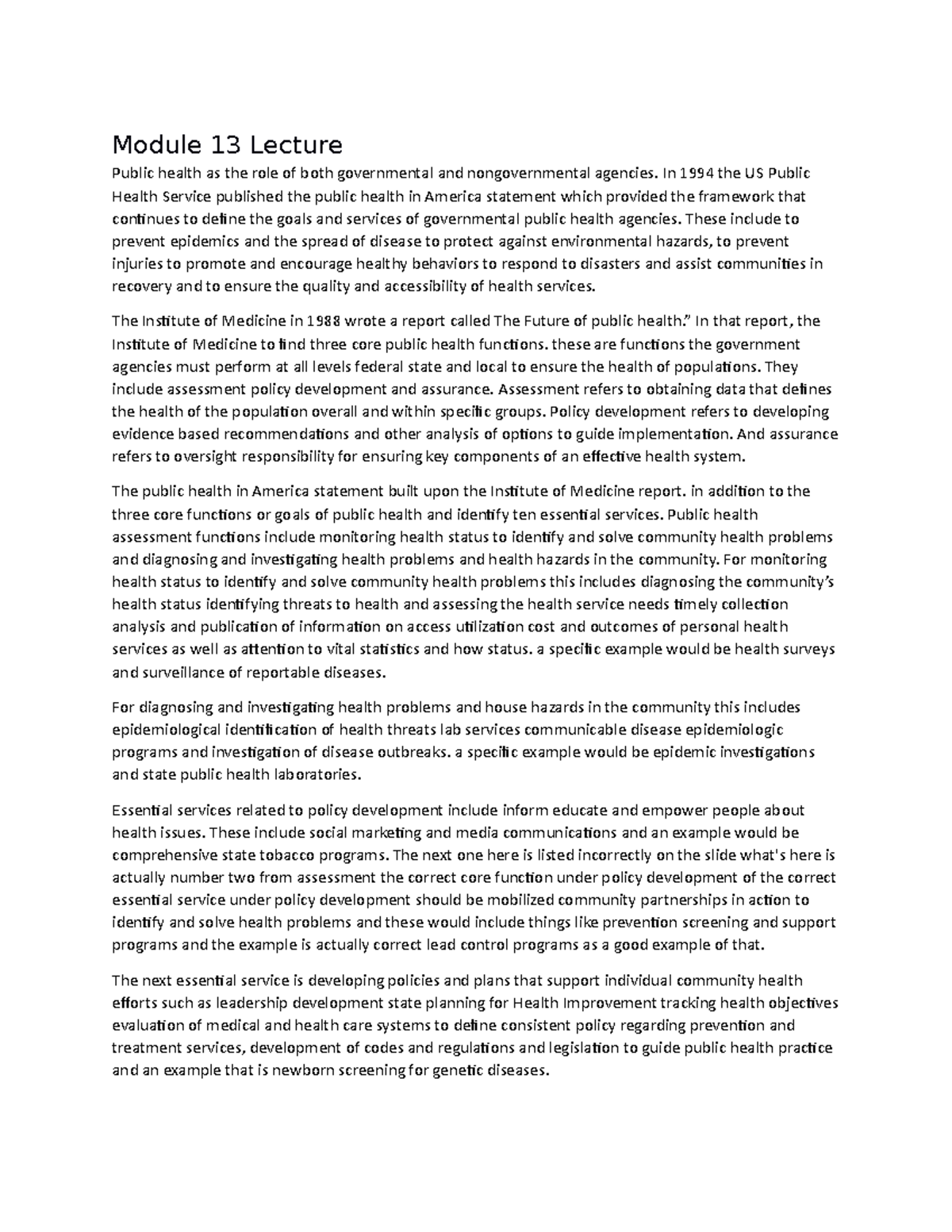 Module 13 Lecture Transcript Accessible - Module 13 Lecture Public health as the role of both ...