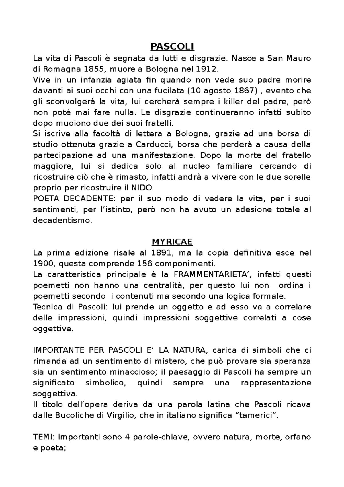 Assiuolo (Pascoli) - Appunti - PASCOLI La vita di Pascoli è segnata da ...