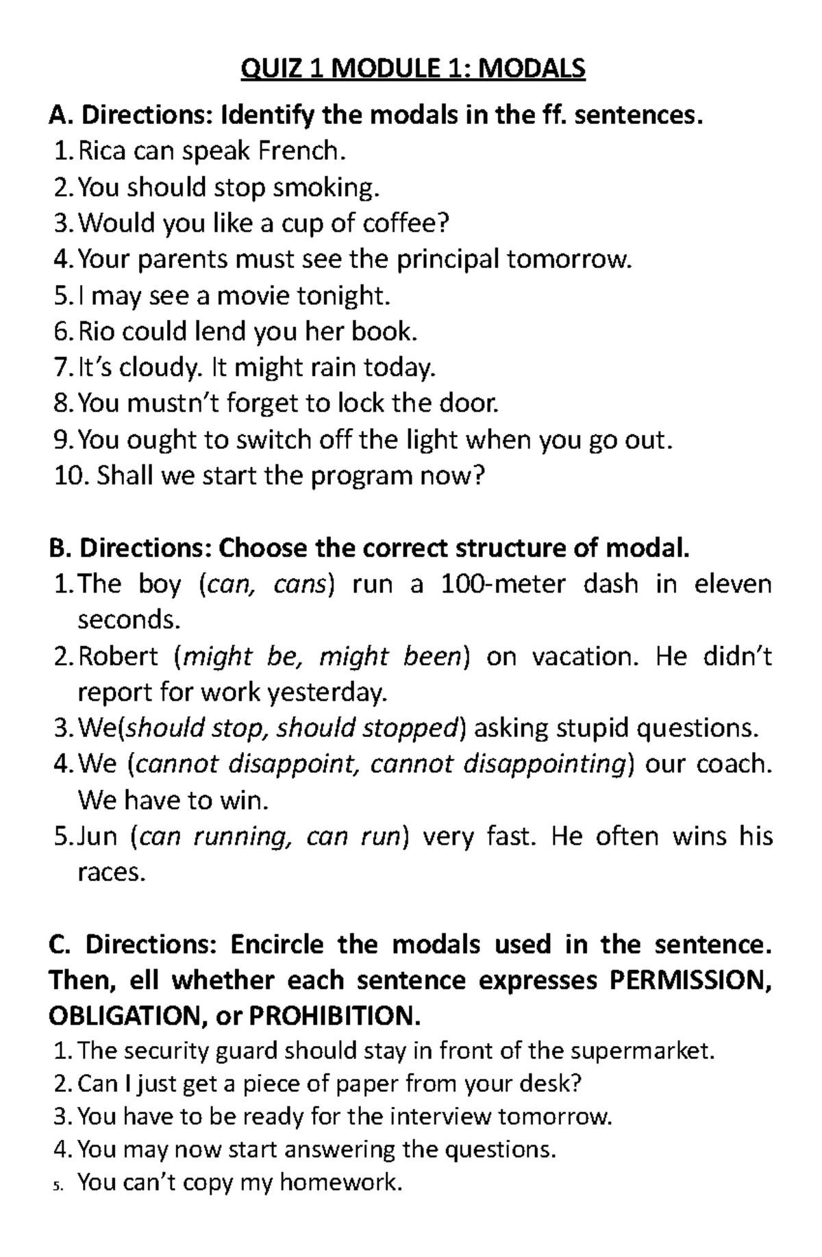 Q1 W1 D1 Modals Quizzes - test - QUIZ 1 MODULE 1: MODALS A. Directions ...