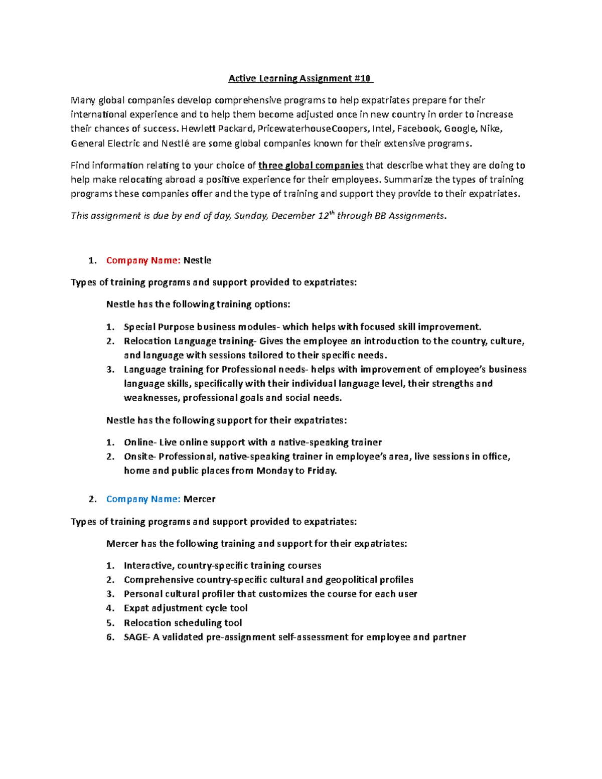 Active Learning Assignment 10-Expatriate Programs - Active Learning Assignment # Many global ...