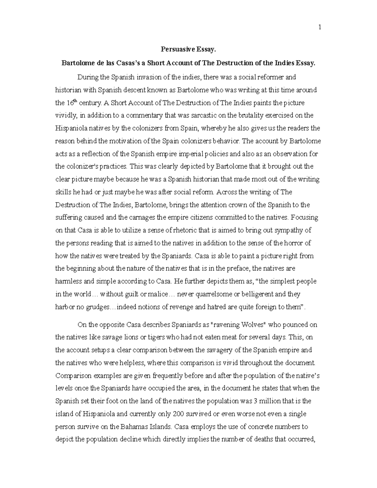 PErsuasive Essay. A Short Account Of The Destruction of The Indies ...
