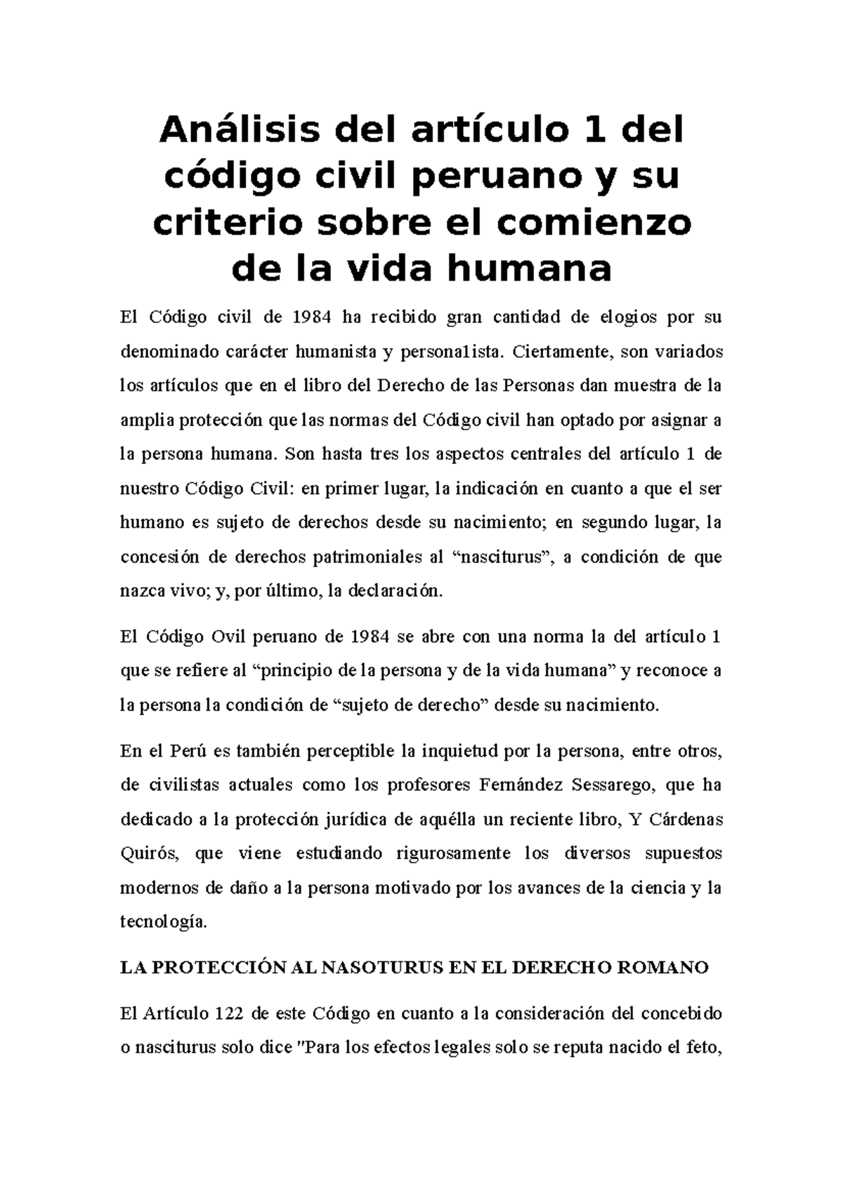 Análisis del artículo 1 del código civil peruano y su criterio sobre el ...