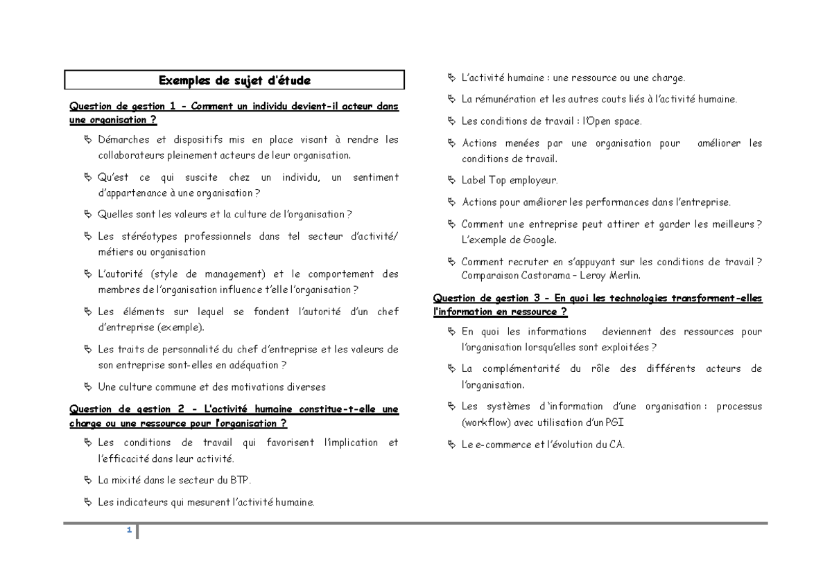 Exemples de sujet etude - 1 Exemples de sujet d’étude Question de gestion 1 - Comment un ...