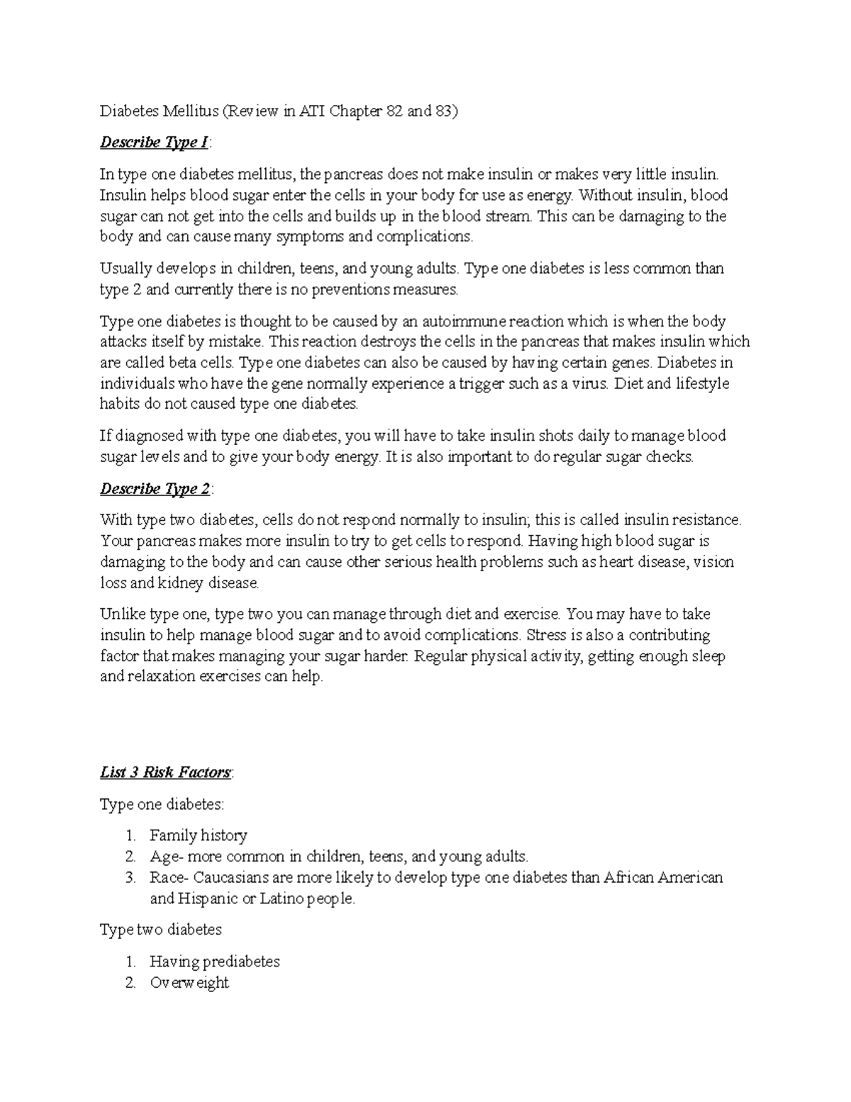 Diabetes Mellitus Worksheet - Diabetes Mellitus (Review in ATI Chapter ...