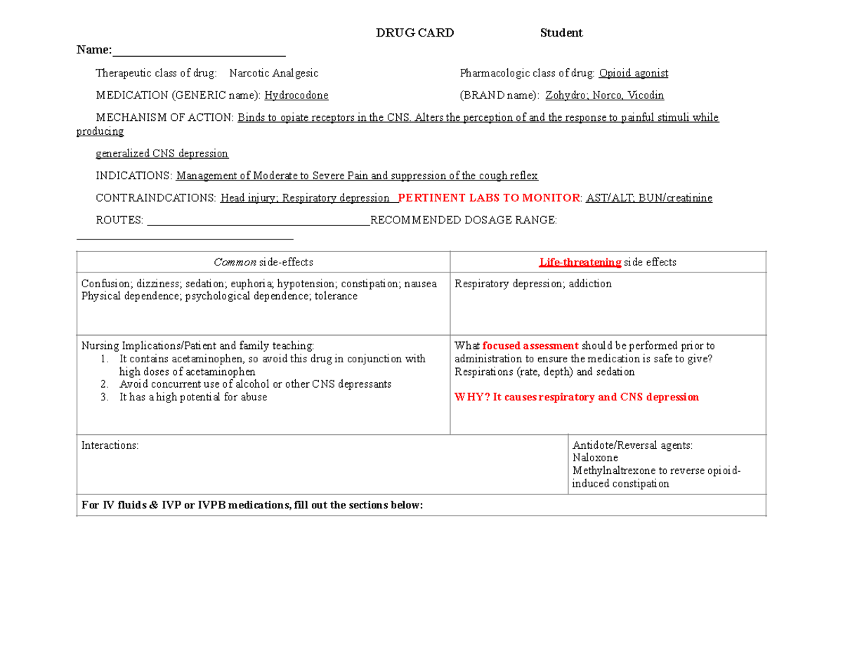 Drug Card Hydrocodone - Drug card - DRUG CARD Student Name ...
