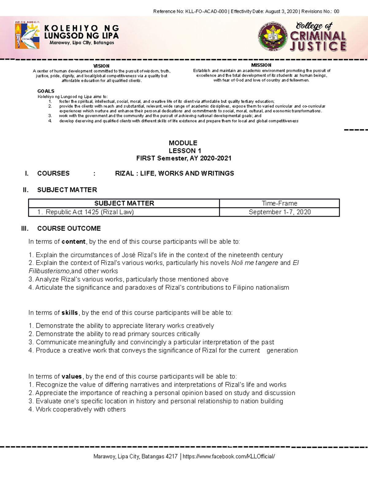 Rizal Lesson 1 Module - Lecture notes 1-10 - MISSION Establish and ... Rizal Lesson 1 Module - Lecture notes 1-10 - MISSION Establish and ...