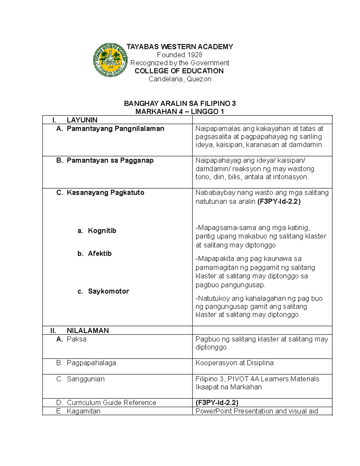 lesson plan sa Pilipino grade 3 - TAYABAS WESTERN ACADEMY Founded 1928 ...