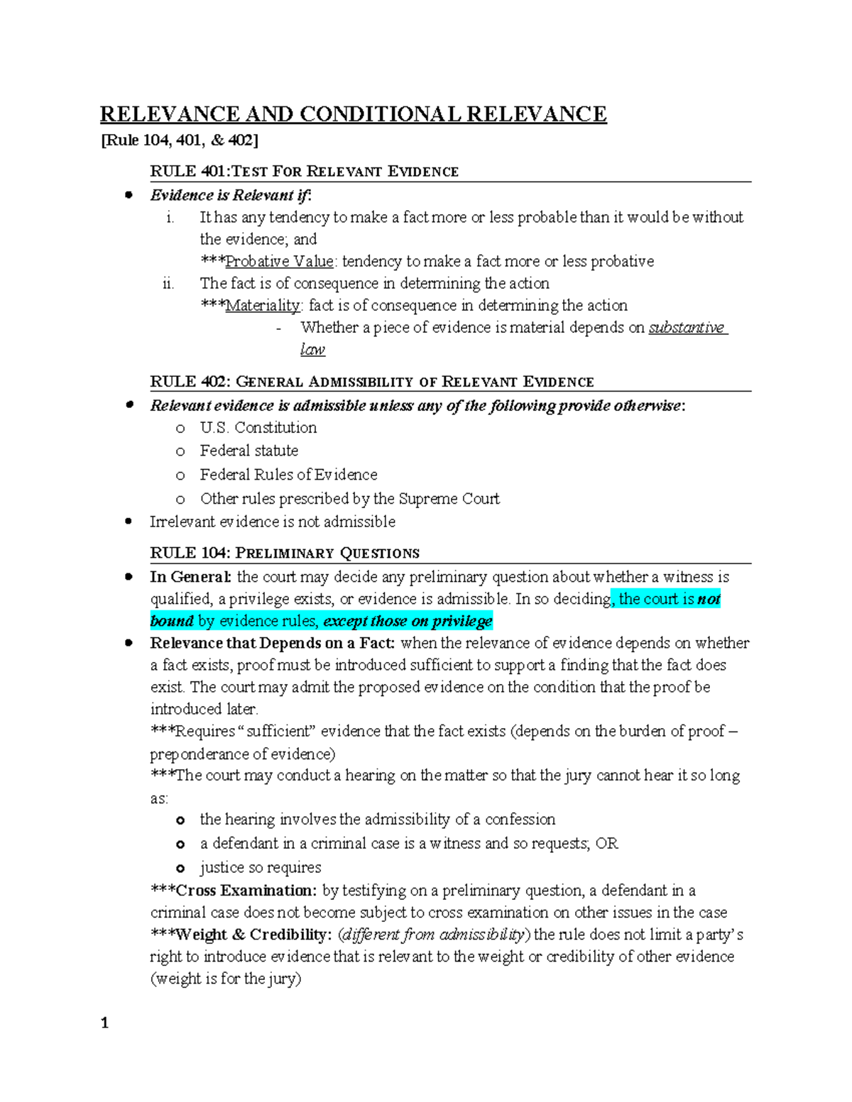 Yin Evid. 2020 - Summary All Law - RELEVANCE AND CONDITIONAL RELEVANCE ...
