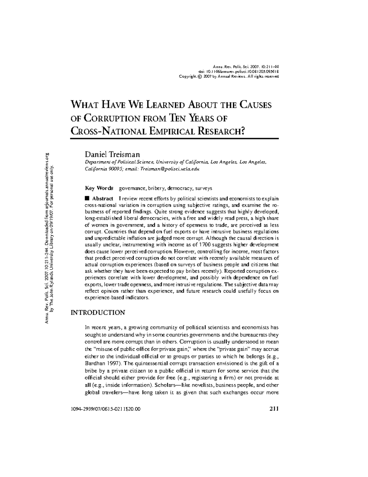 Daniel Treisman, replicating quantitative studies of corruption, ARPS ...