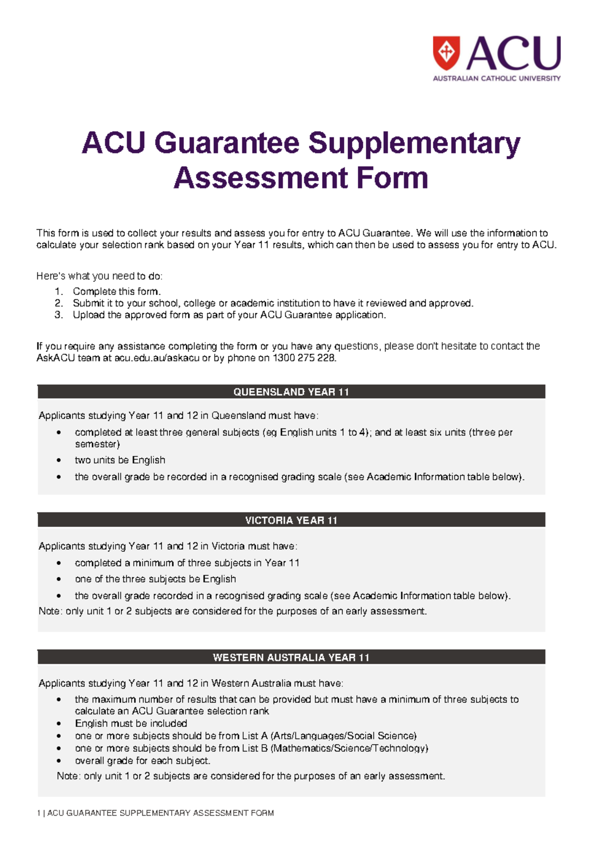 ACU Guarantee Supplementary Assessment Form - ACU Guarantee ...