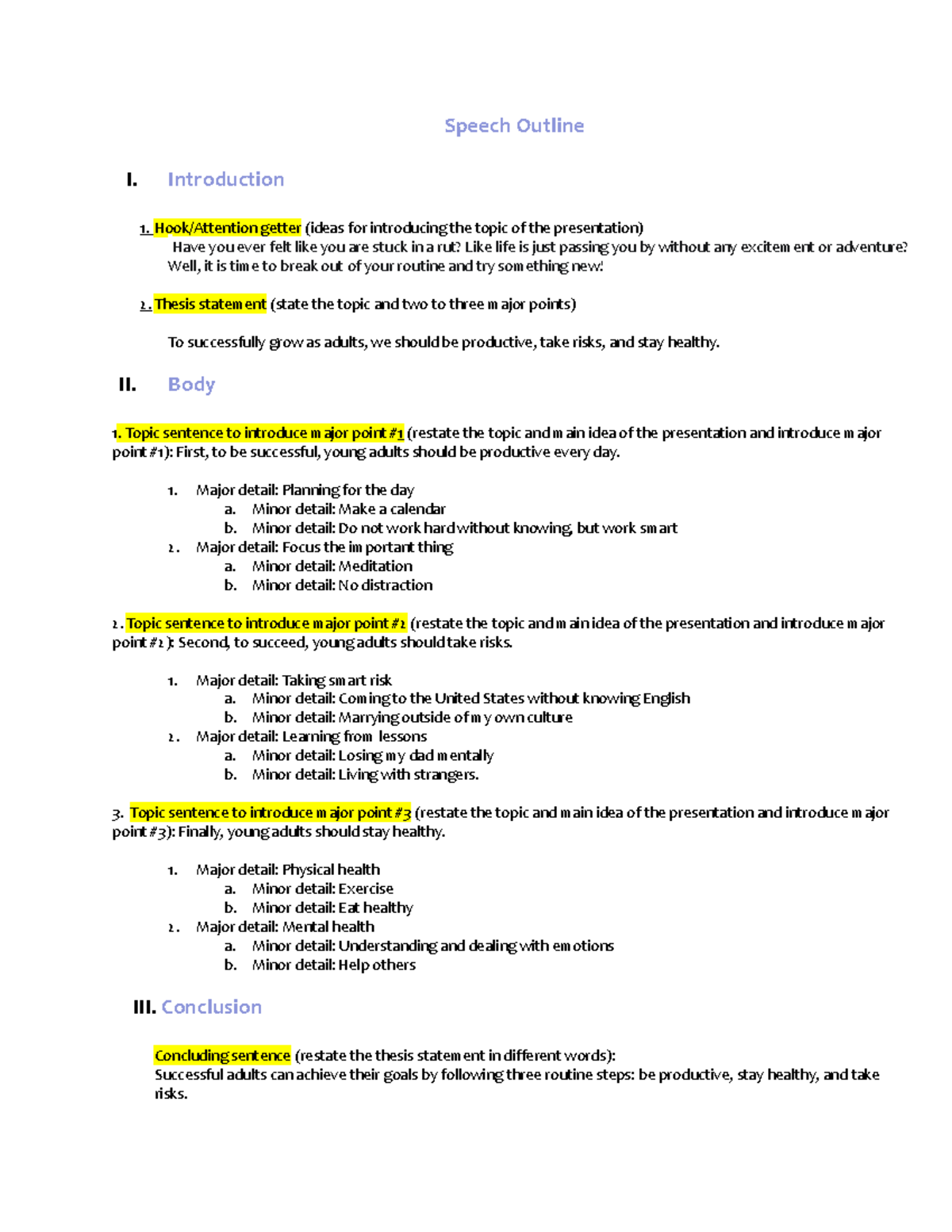 Speech Outline EAP #1 - Speech Outline I. Introduction 1. Hook ...
